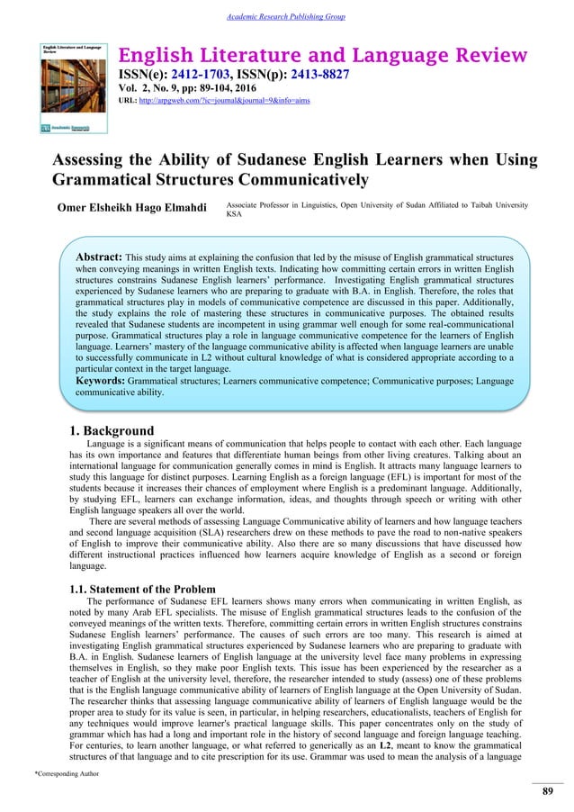 Assessing the Ability of Sudanese English Learners when Using Grammatical Structures ...