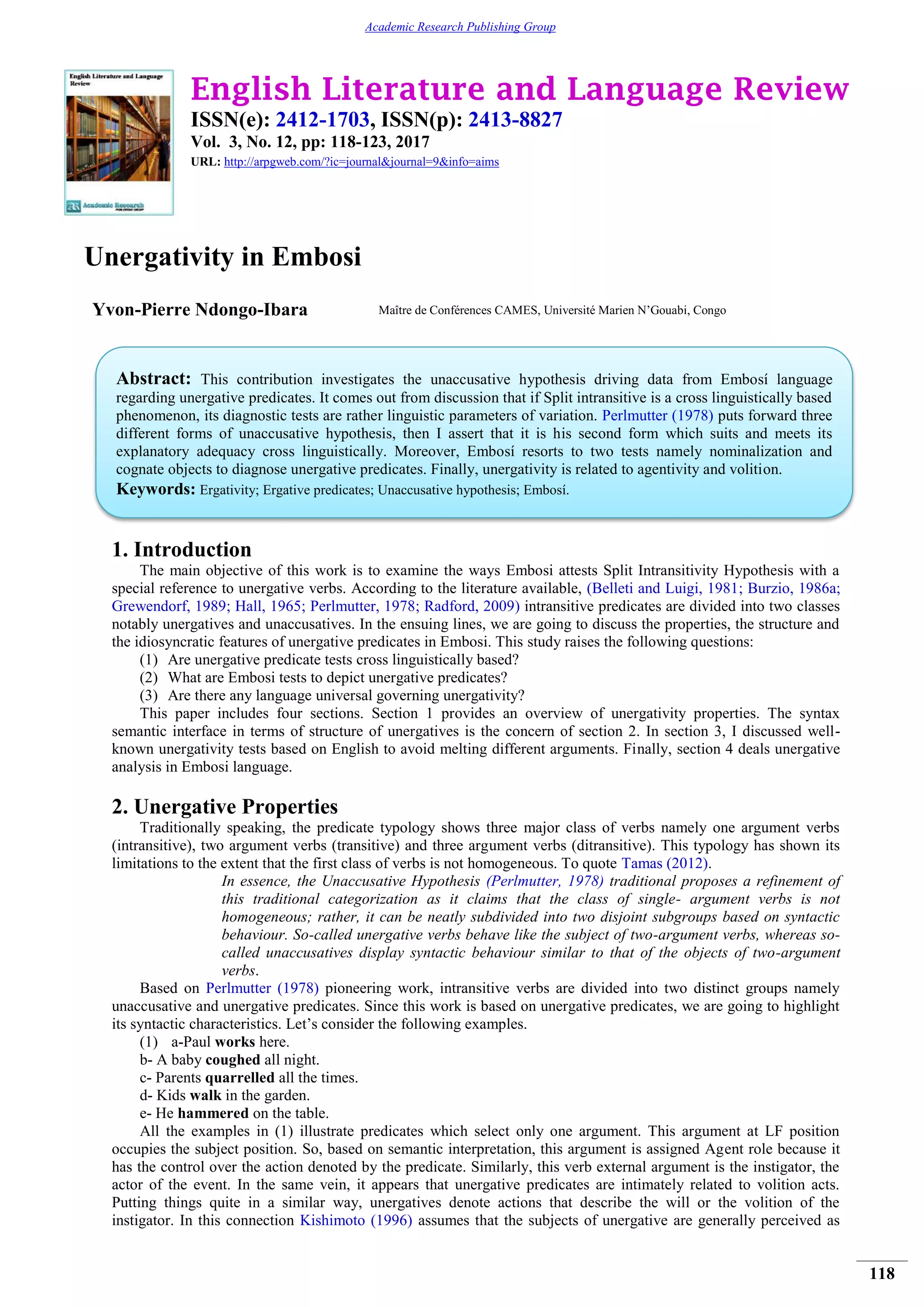 Unergativity in Embosi | PDF