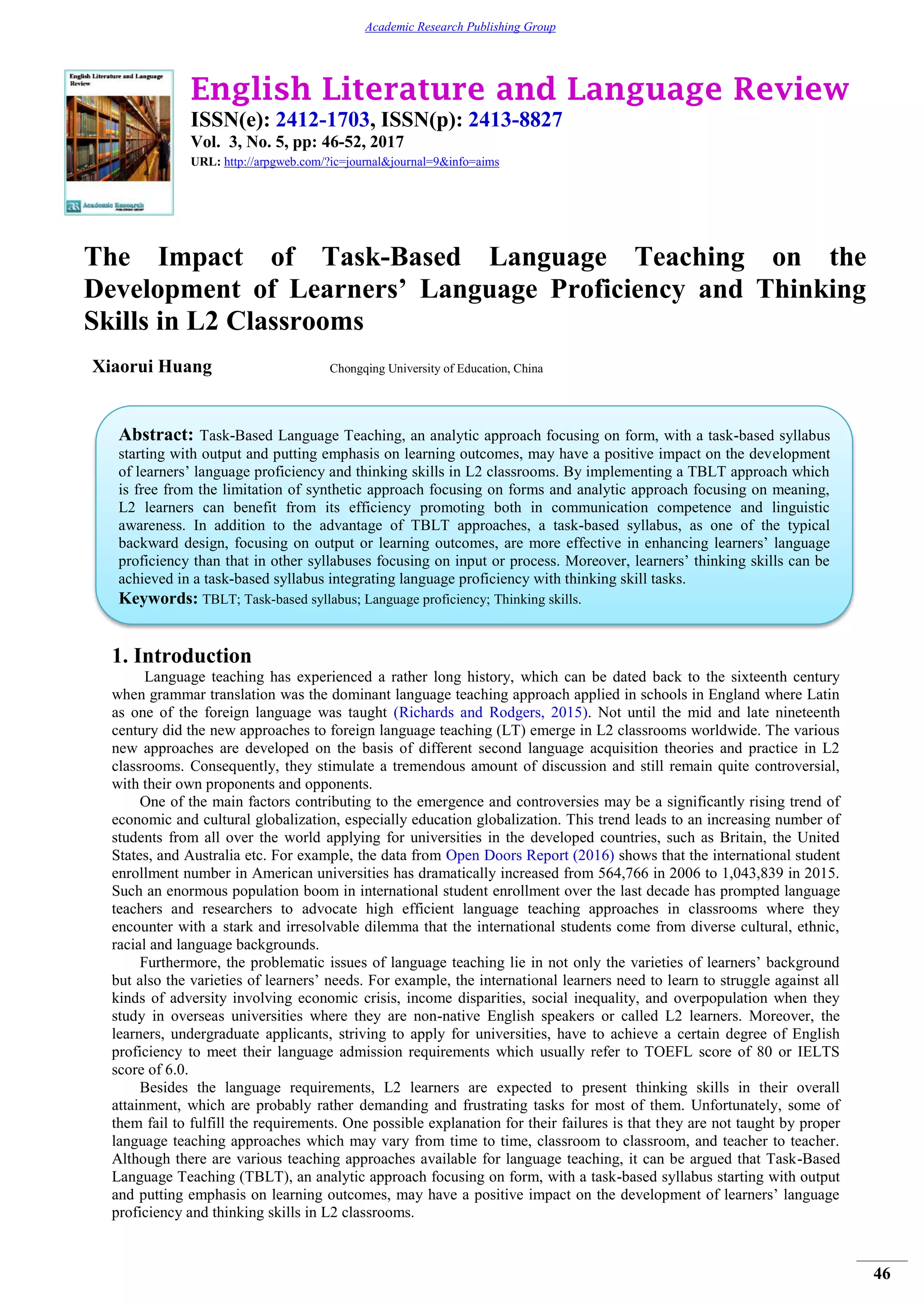 The Impact of Task-Based Language Teaching on the Development of Learners? Language Proficiency ...