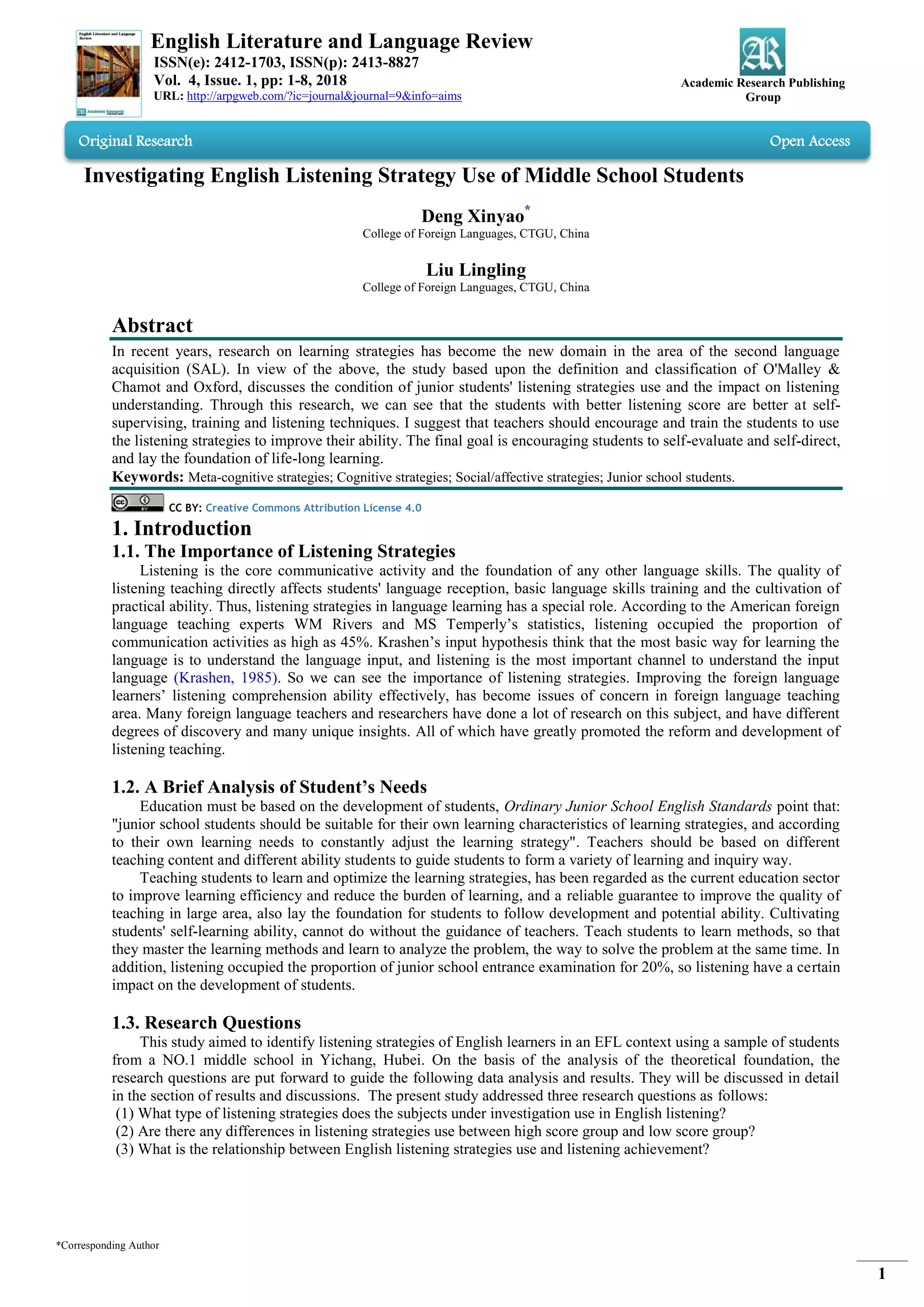 Investigating English Listening Strategy Use of Middle School Students | PDF