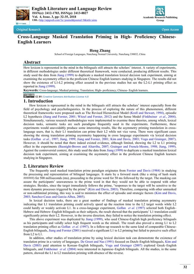Cross-Language Masked Translation Priming in High- Proficiency Chinese-English Learners | PDF