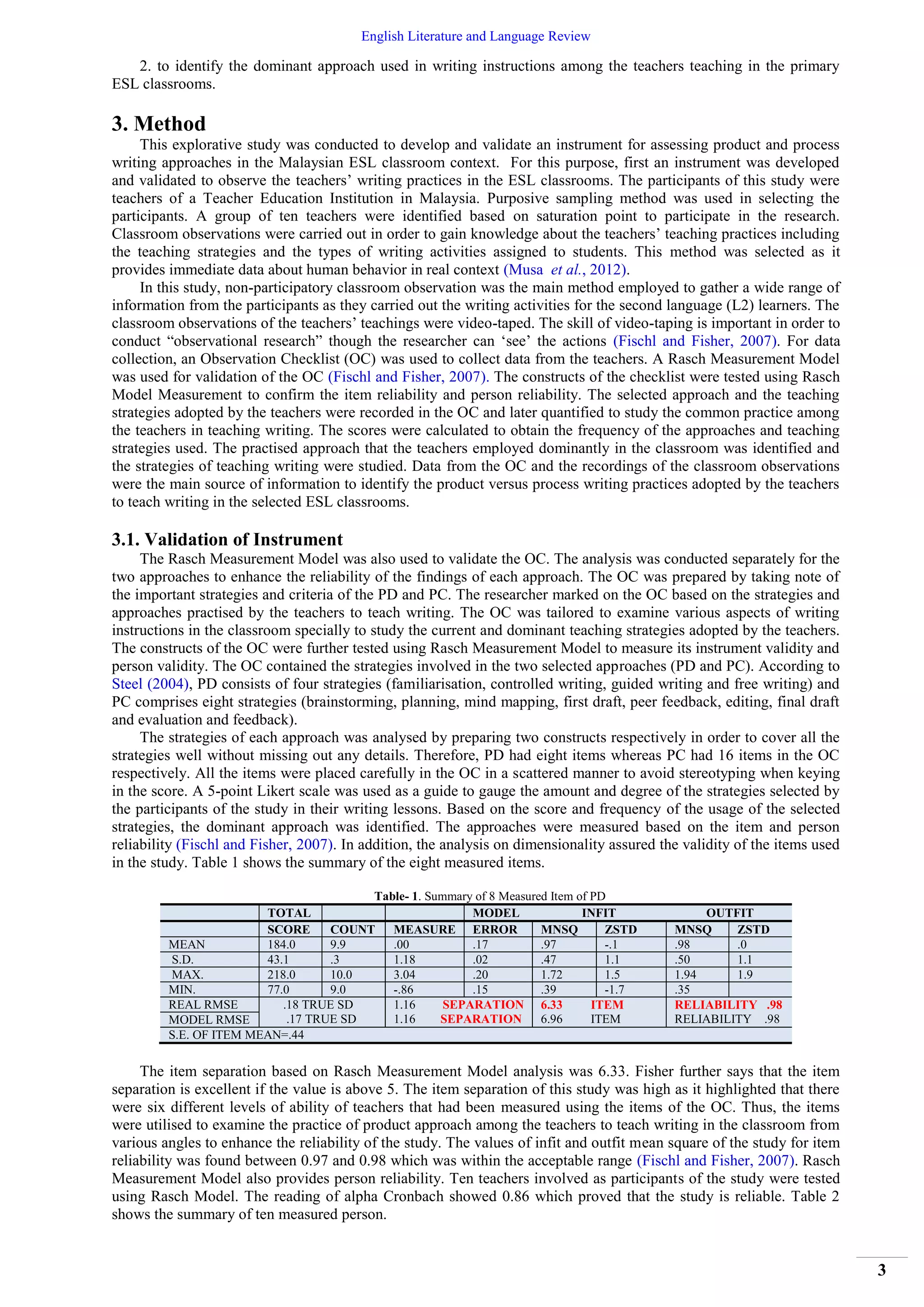 An Assessment Instrument of Product versus Process Writing Instruction: A Rasch Measurement ...