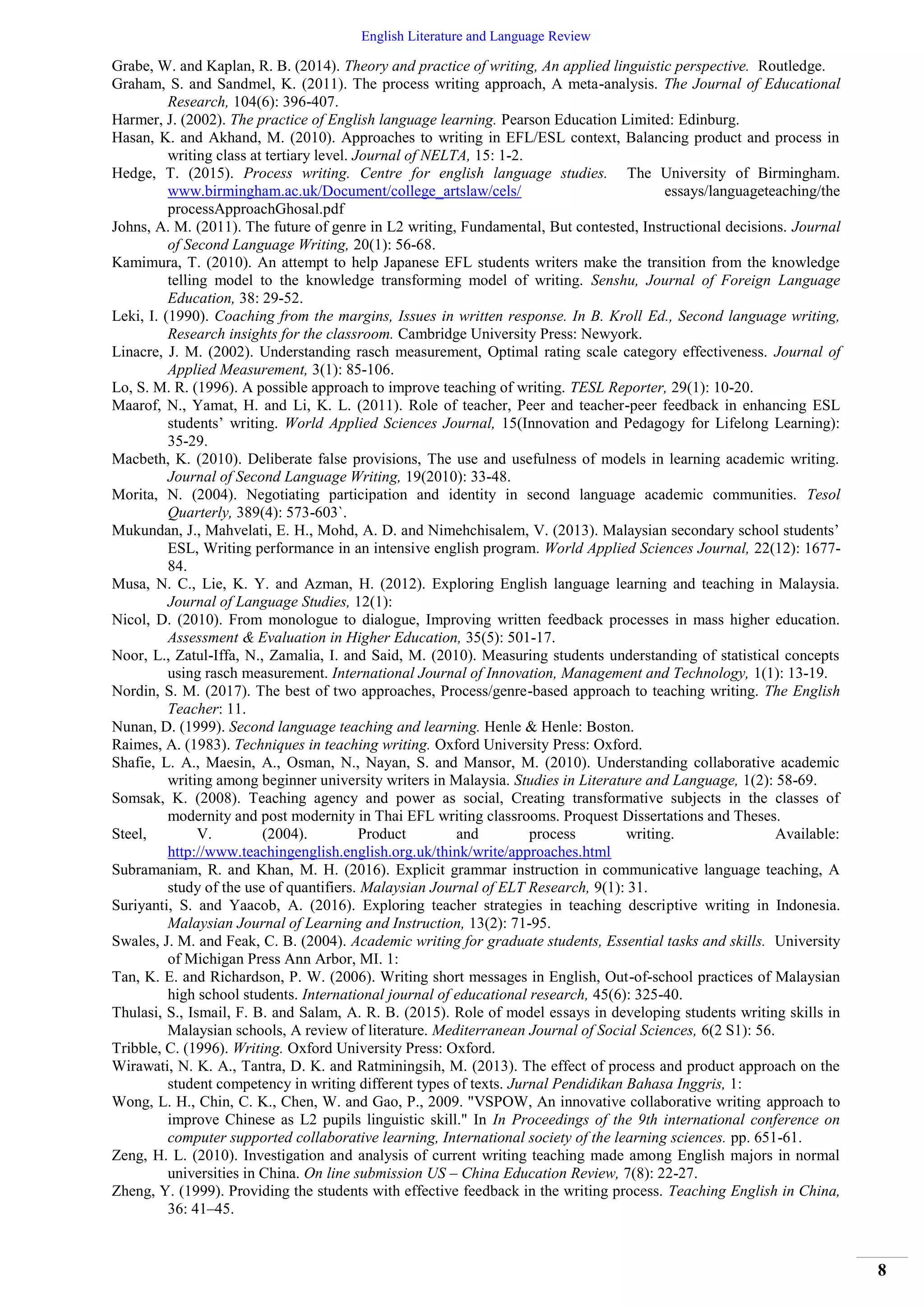 An Assessment Instrument of Product versus Process Writing Instruction: A Rasch Measurement ...