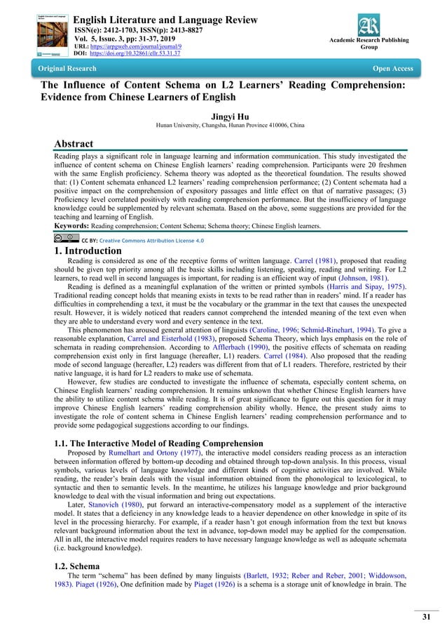 The Influence of Content Schema on L2 Learners’ Reading Comprehension: Evidence from Chinese ...