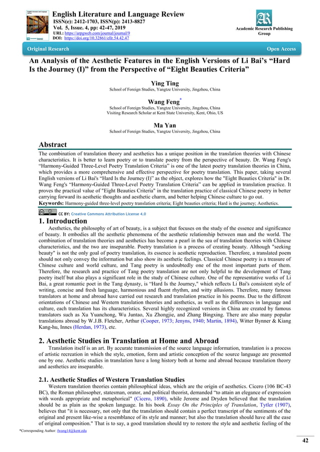 An Analysis of the Aesthetic Features in the English Versions of Li Bai ...