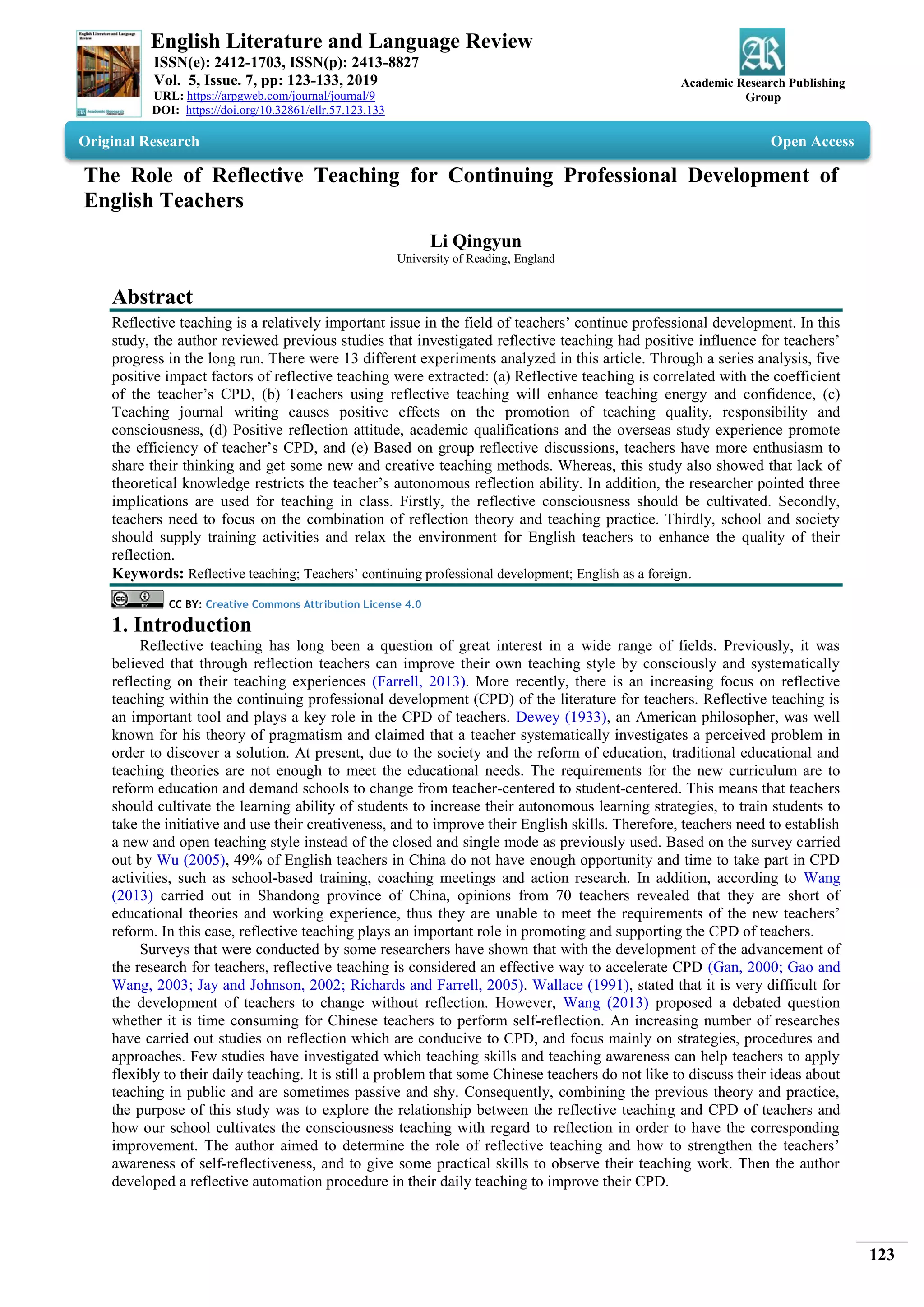 The Role of Reflective Teaching for Continuing Professional Development of English Teachers | PDF