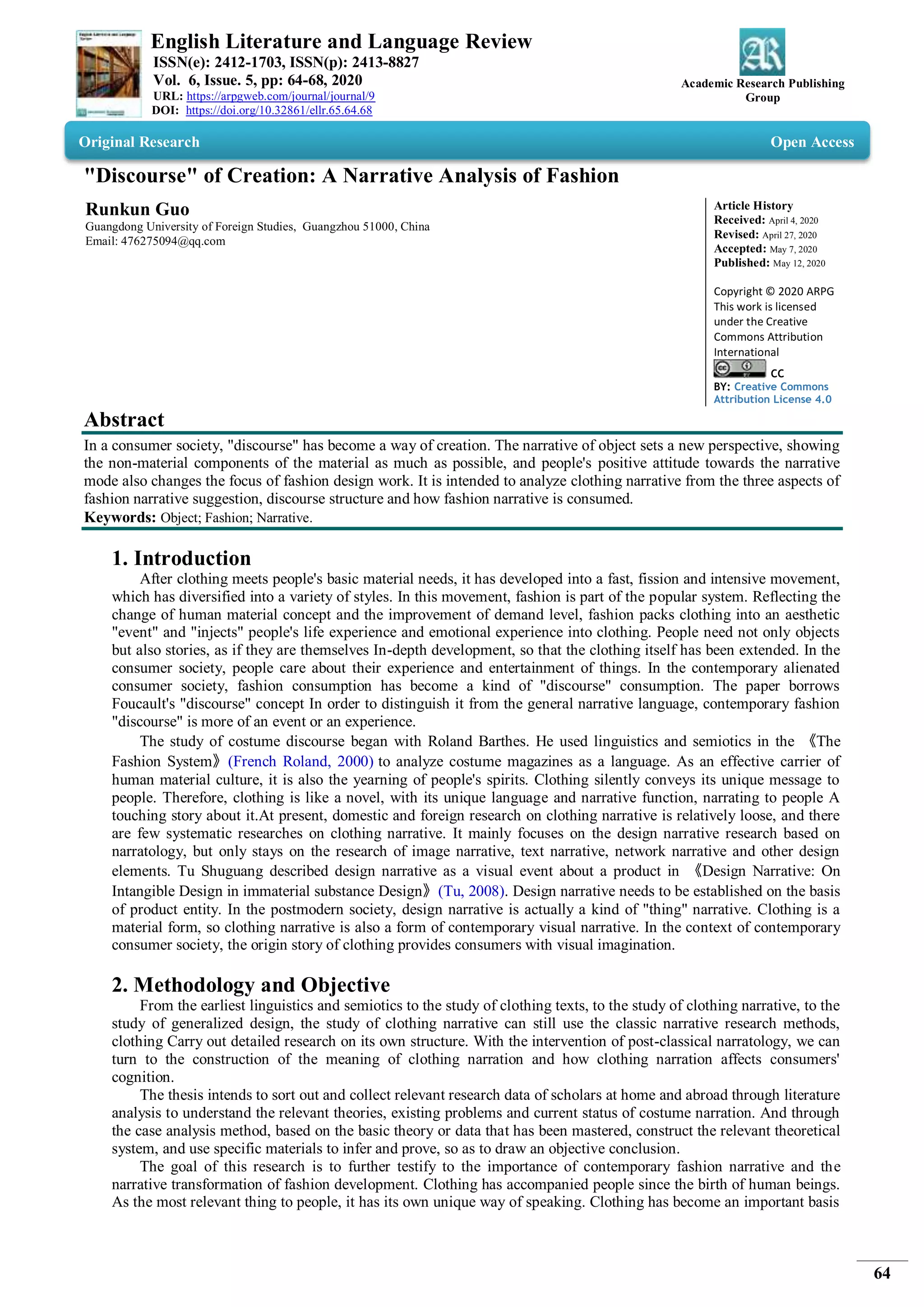 "Discourse" of Creation: A Narrative Analysis of Fashion | PDF