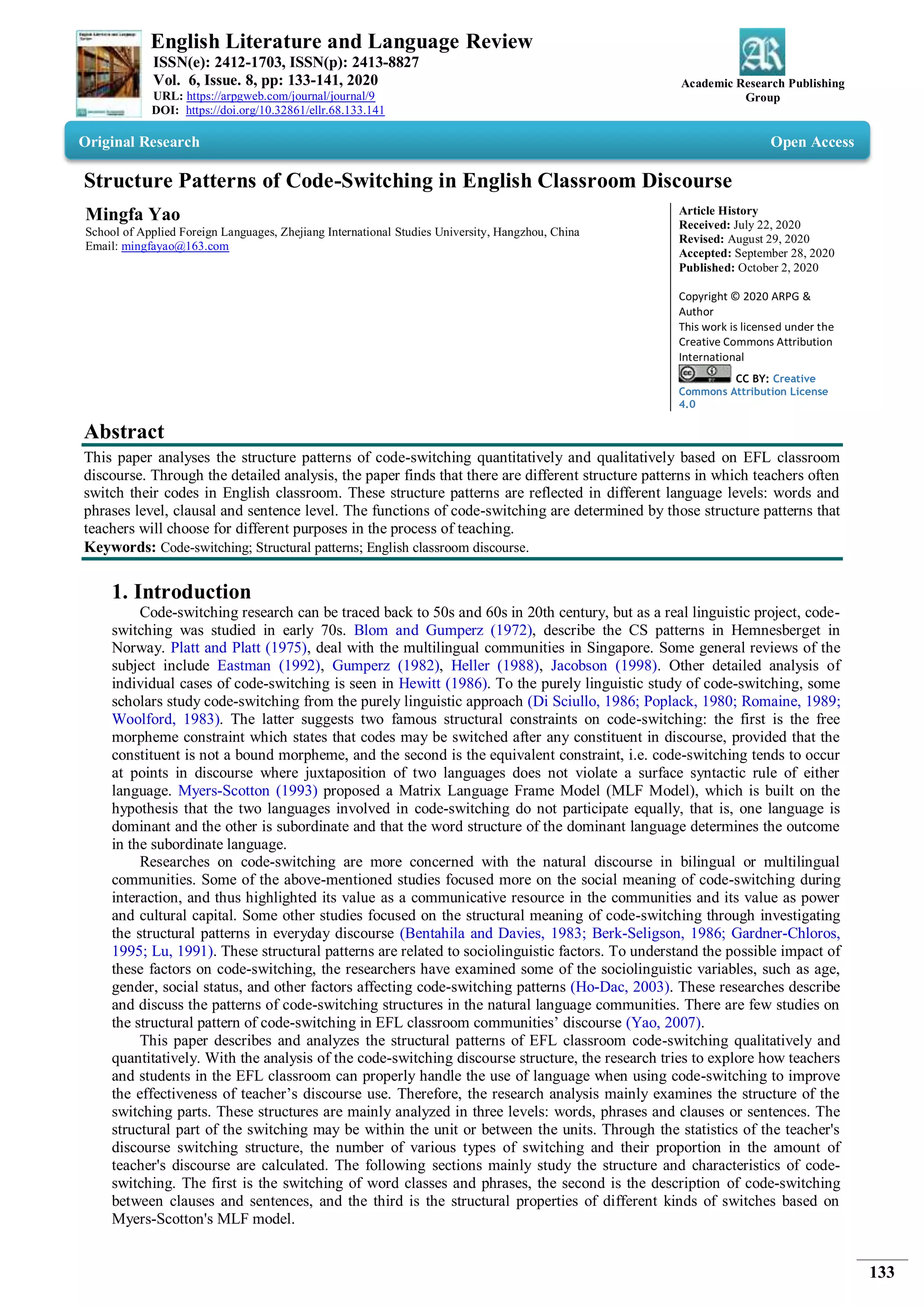 Structure Patterns Of Code Switching In English Classroom Discourse Pdf