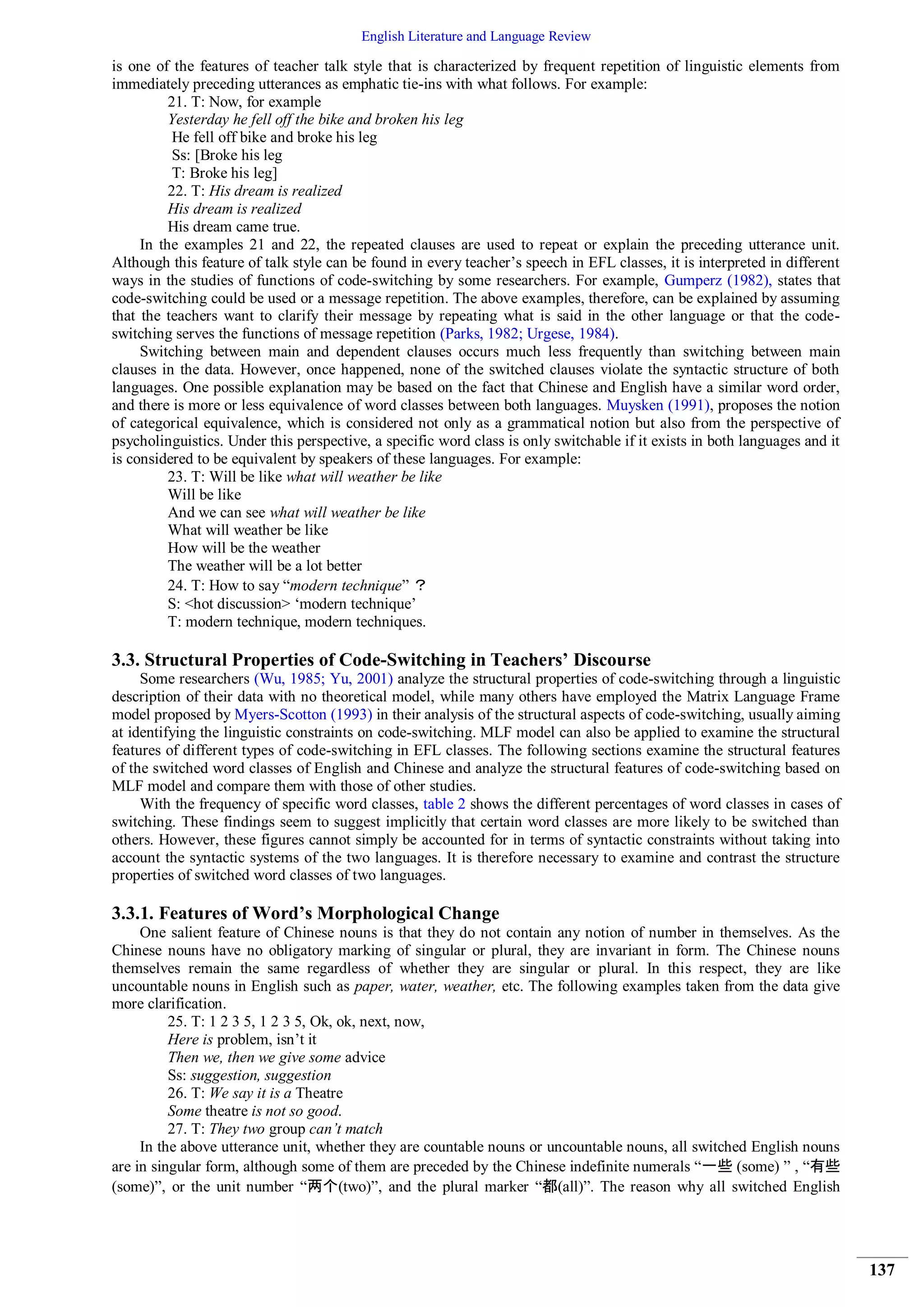Structure Patterns Of Code Switching In English Classroom Discourse Pdf