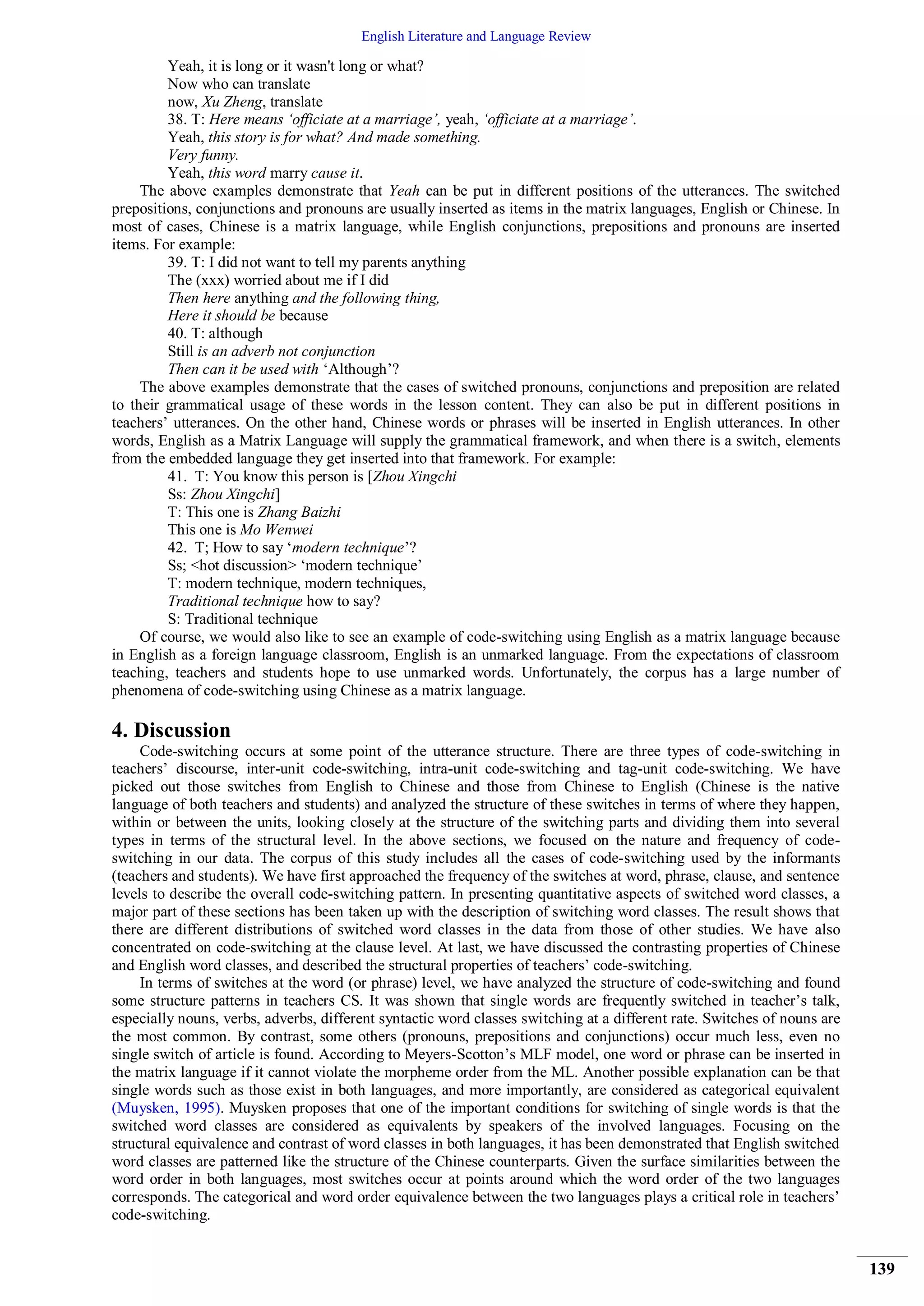 Structure Patterns of Code-Switching in English Classroom Discourse | PDF
