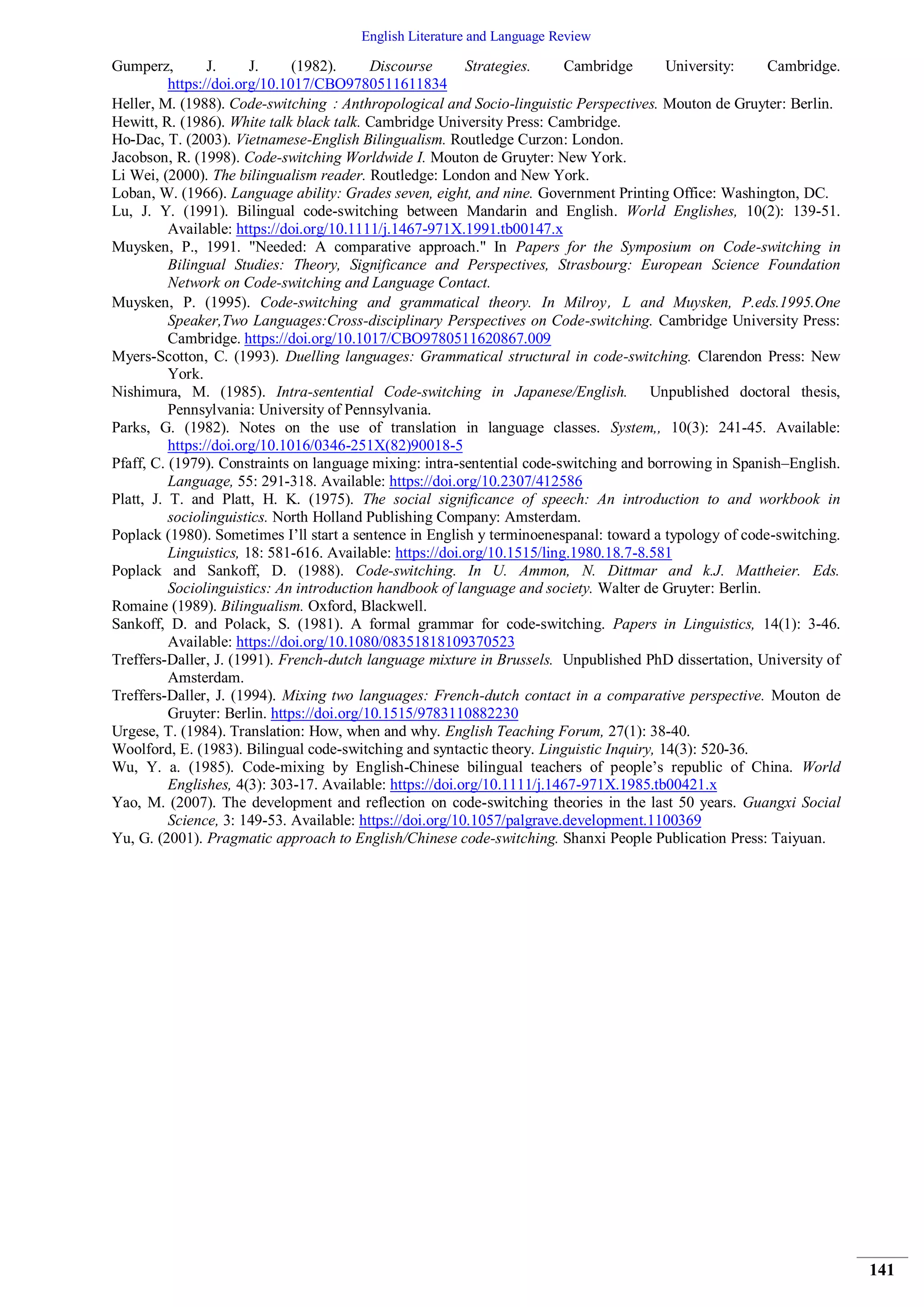 Structure Patterns Of Code Switching In English Classroom Discourse Pdf