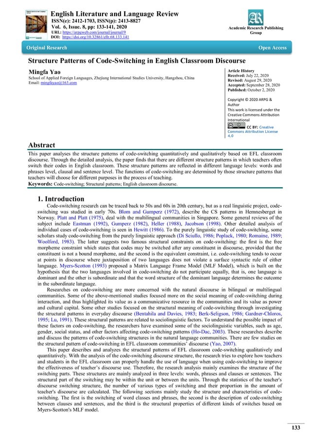 Structure Patterns of Code-Switching in English Classroom Discourse | PDF