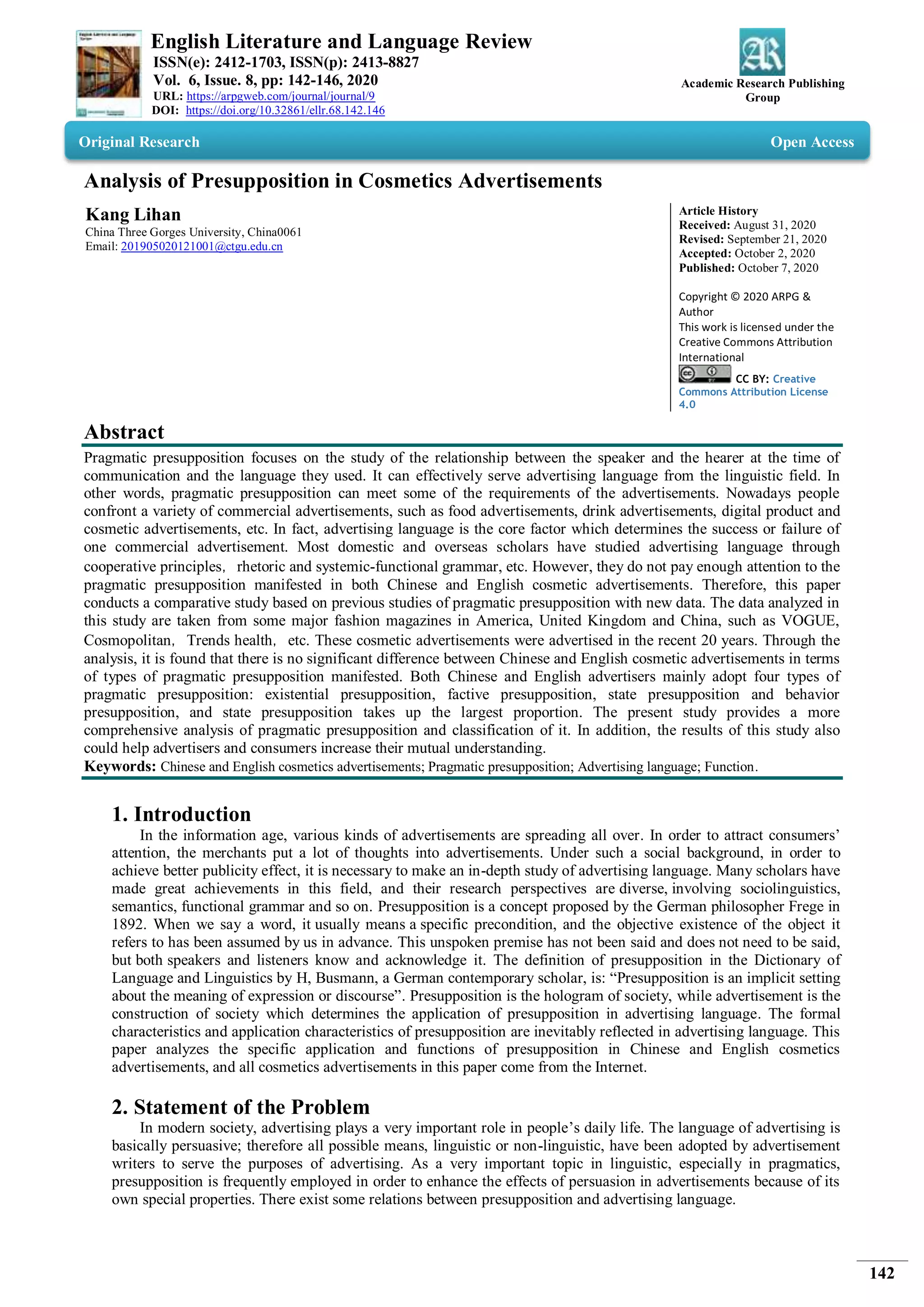 Analysis of Presupposition in Cosmetics Advertisements | PDF