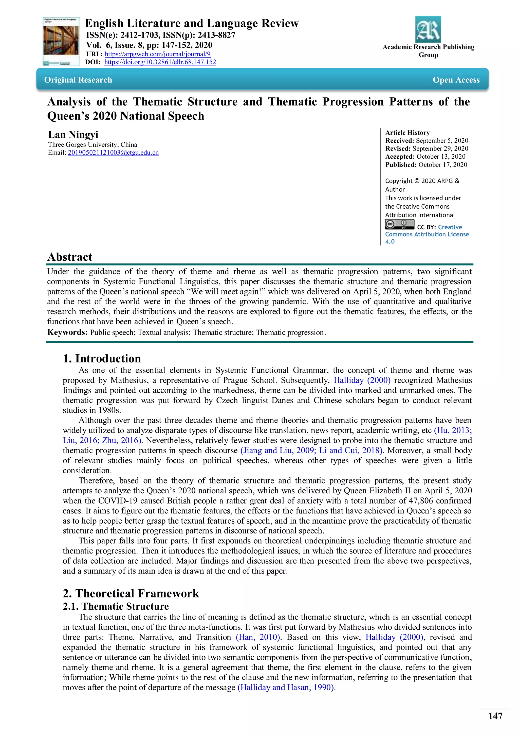 Analysis of the Thematic Structure and Thematic Progression Patterns of ...