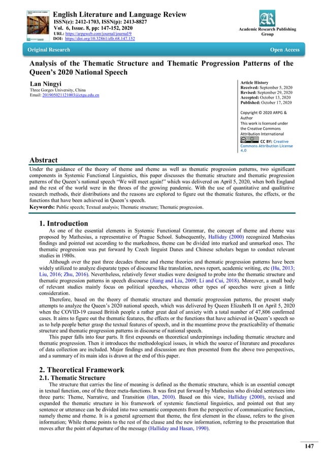 Analysis of the Thematic Structure and Thematic Progression Patterns of ...