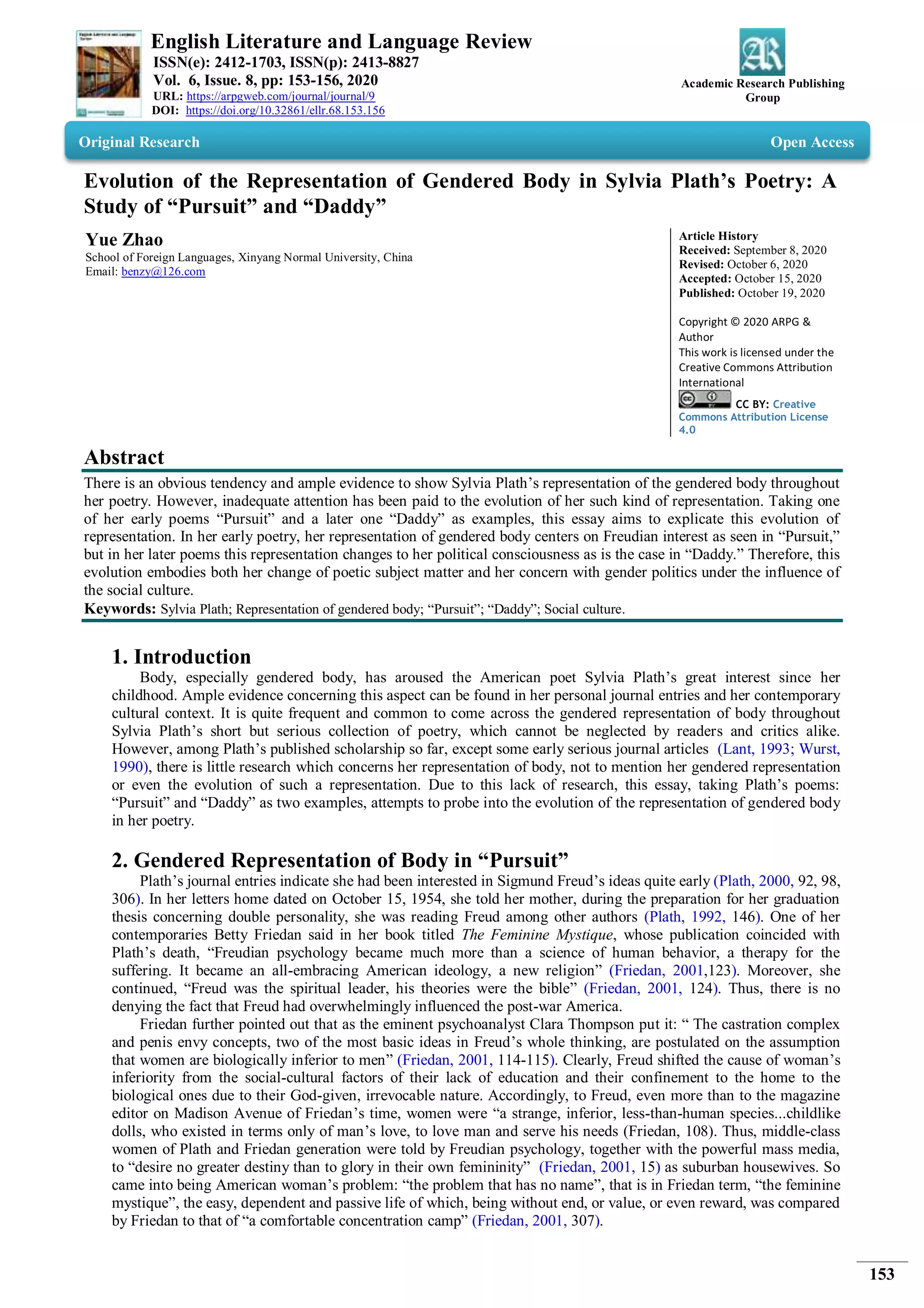 Evolution of the Representation of Gendered Body in Sylvia Plath’s ...