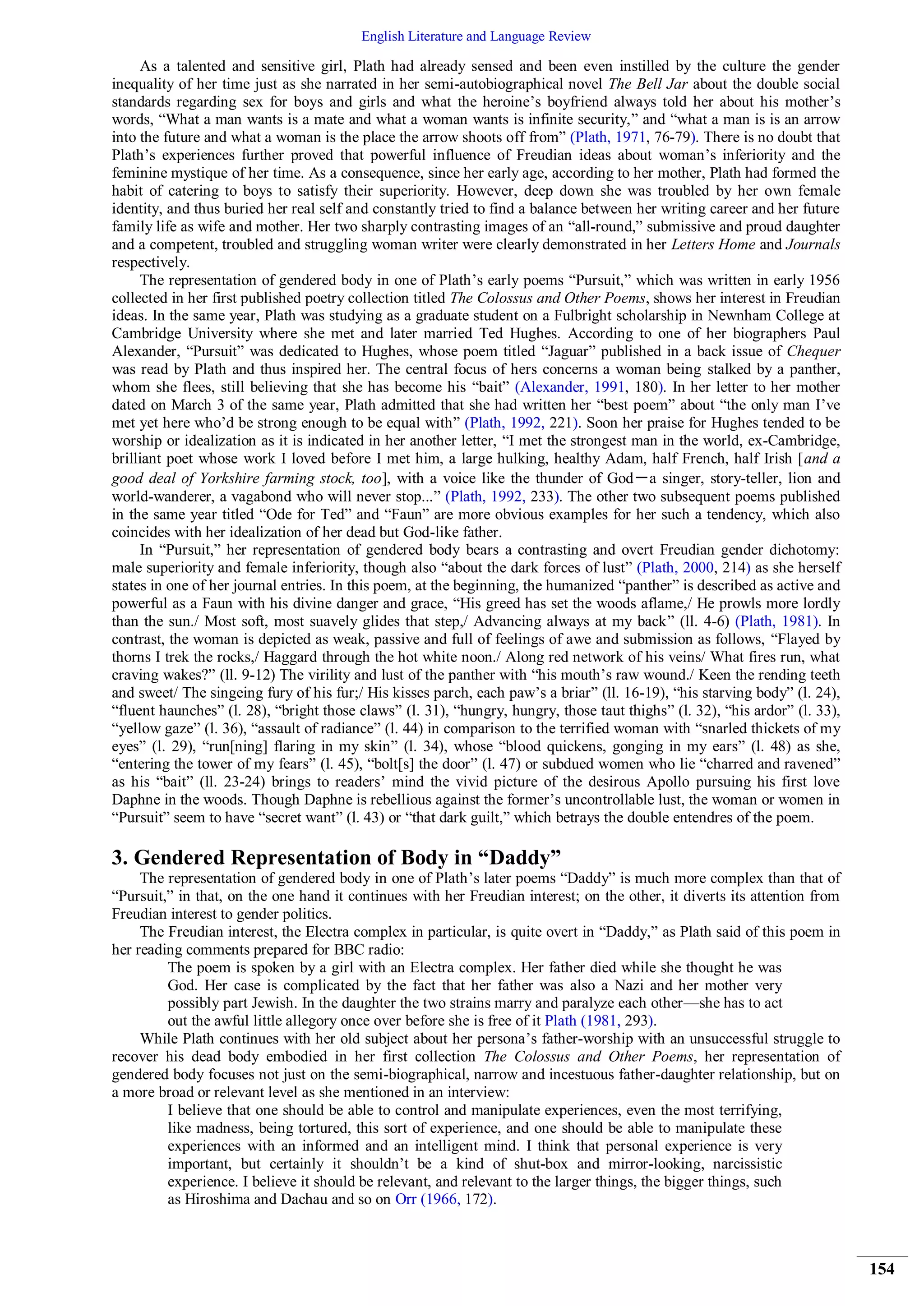 Evolution of the Representation of Gendered Body in Sylvia Plath’s ...