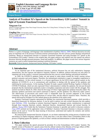 Analysis of President Xi’s Speech at the Extraordinary G20 Leaders’ Summit in light of Systemic ...