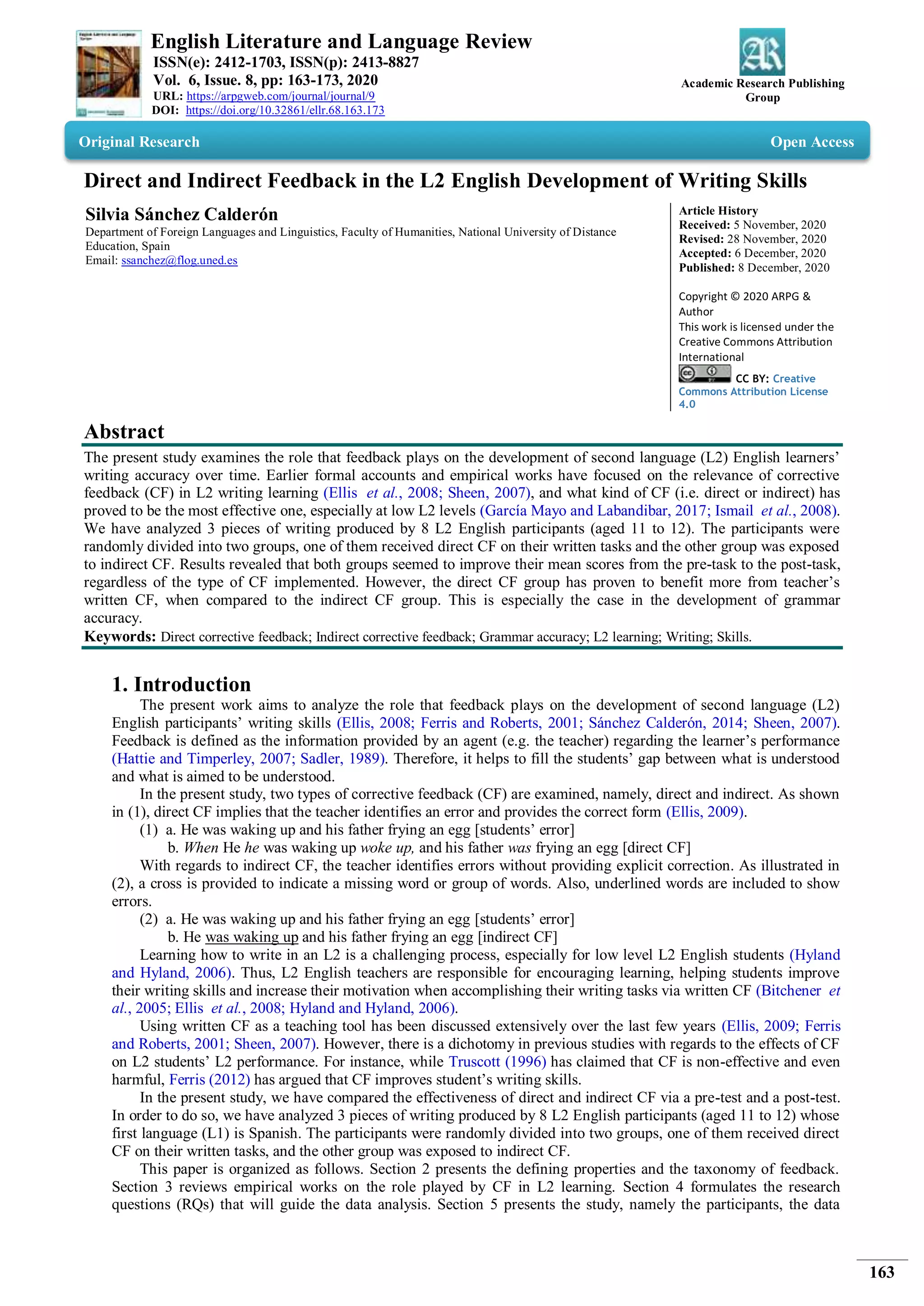 Direct and Indirect Feedback in the L2 English Development of Writing Skills | PDF