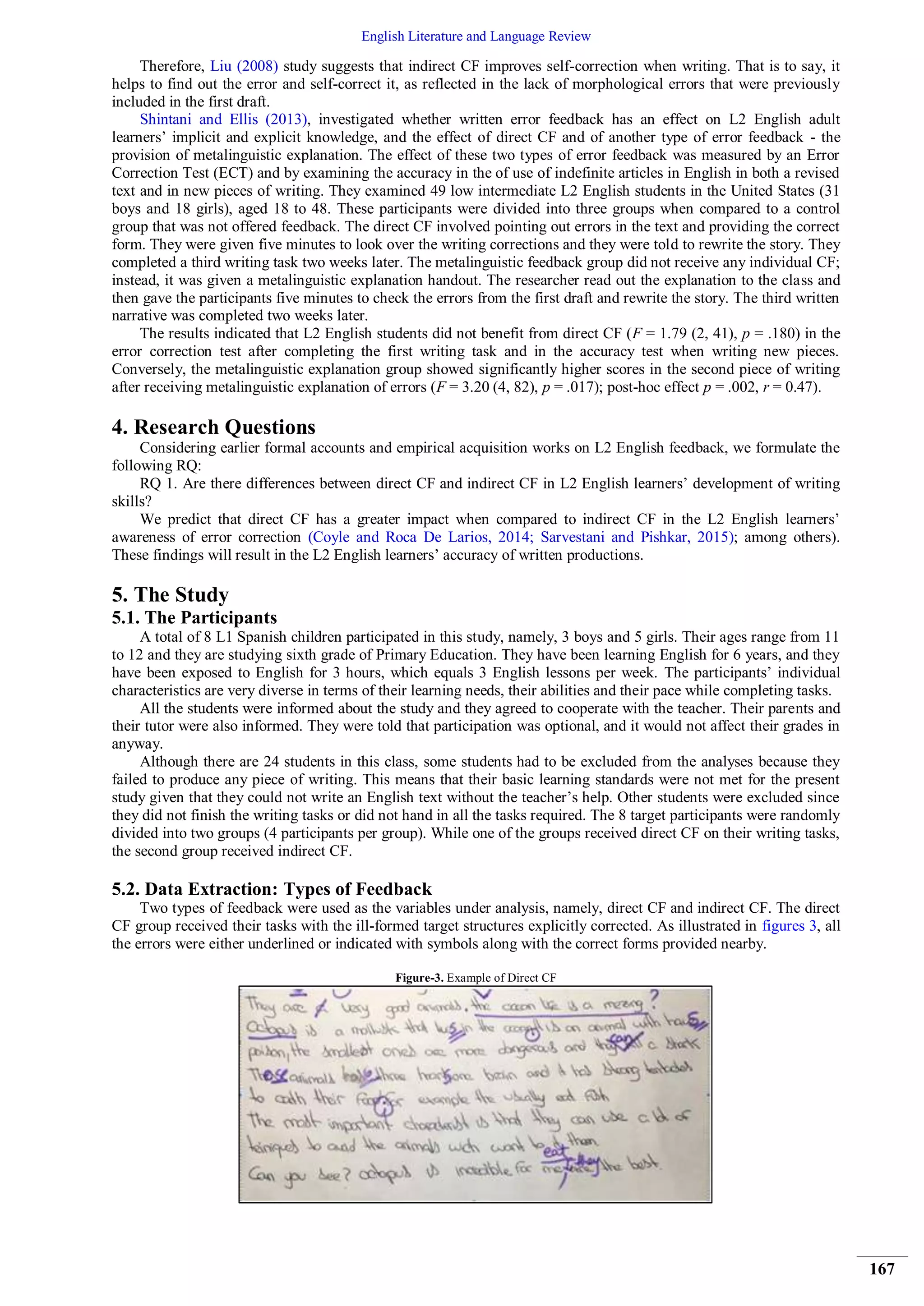Direct and Indirect Feedback in the L2 English Development of Writing Skills | PDF