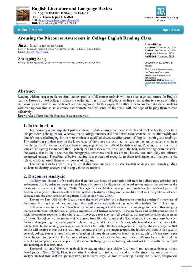 Arousing the Discourse Awareness in College English Reading Class | PDF
