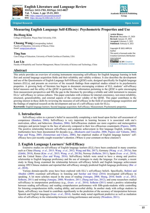 Measuring English Language Self-Efficacy: Psychometric Properties and Use | PDF