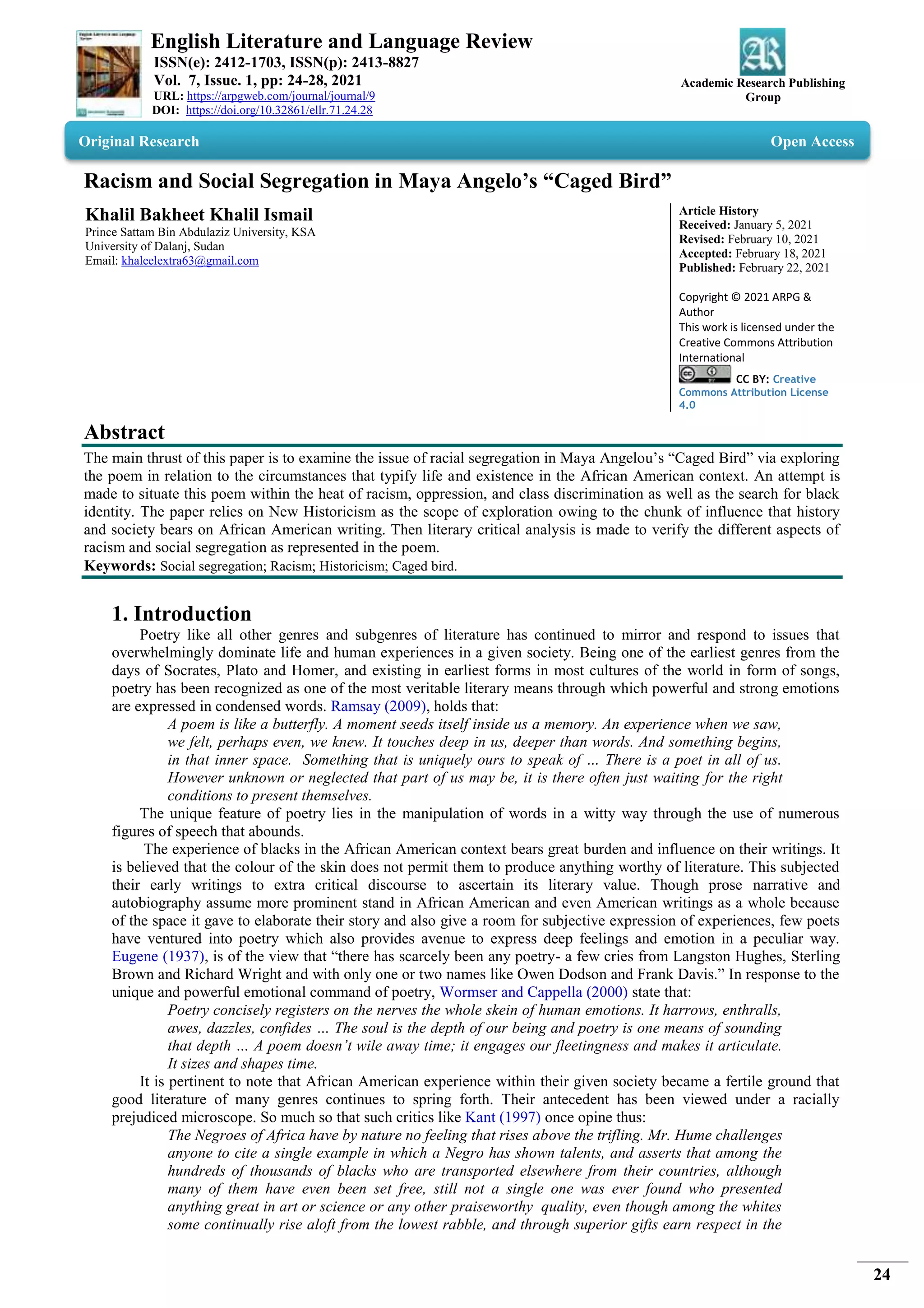 Racism and Social Segregation in Maya Angelo’s “Caged Bird” | PDF