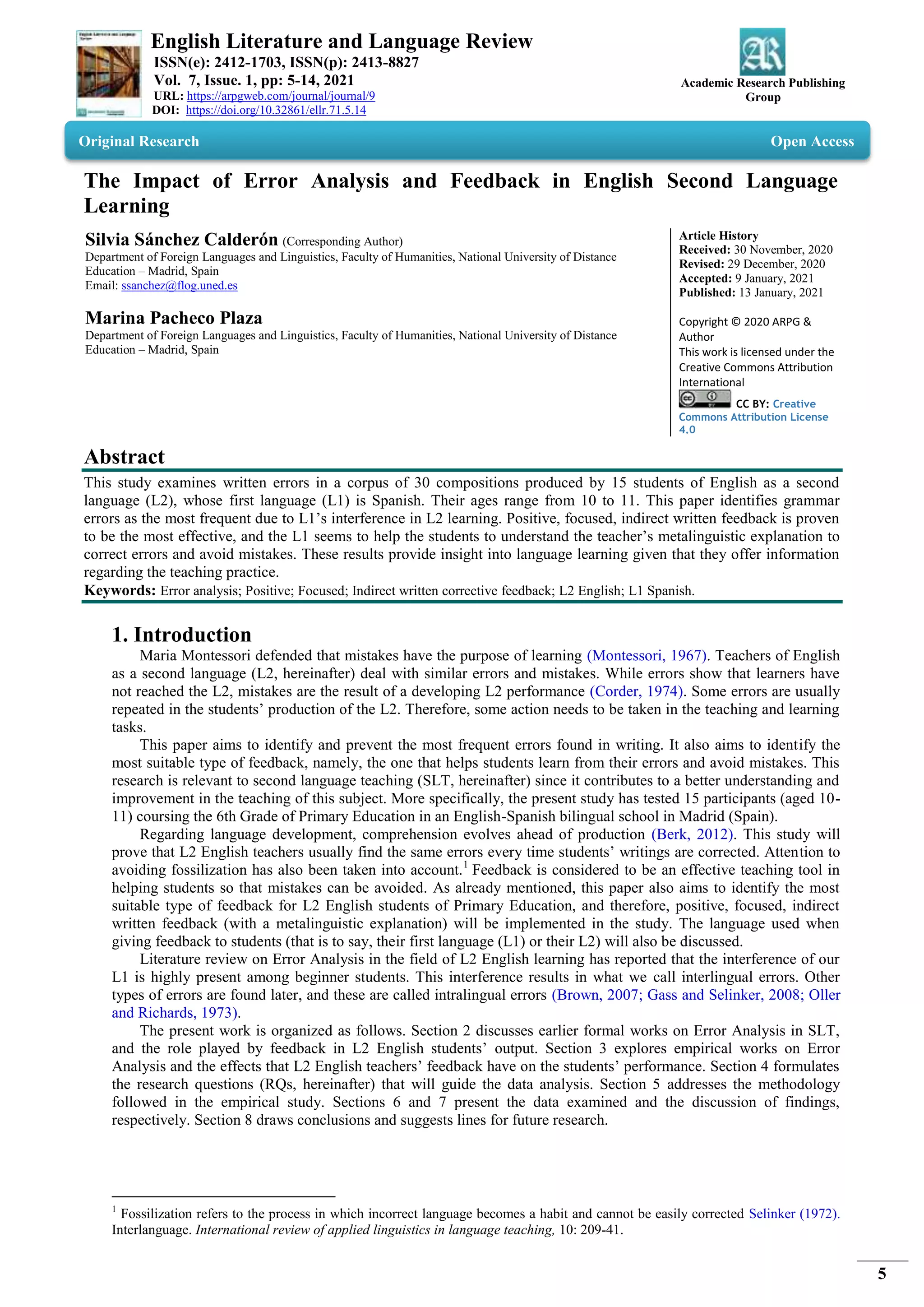 The Impact of Error Analysis and Feedback in English Second Language ...
