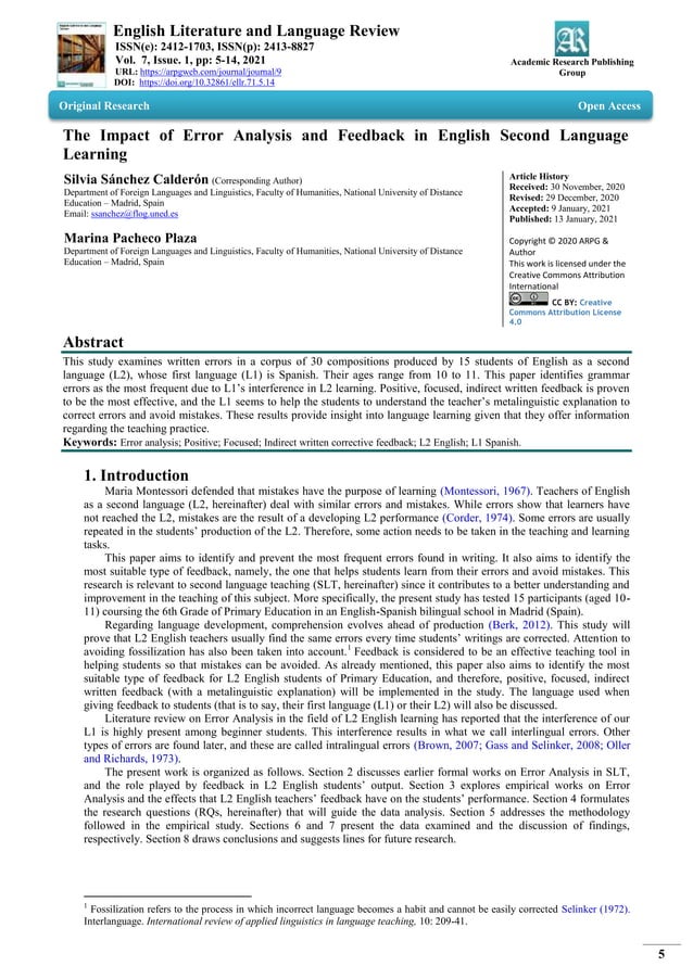 The Impact of Error Analysis and Feedback in English Second Language Learning | PDF