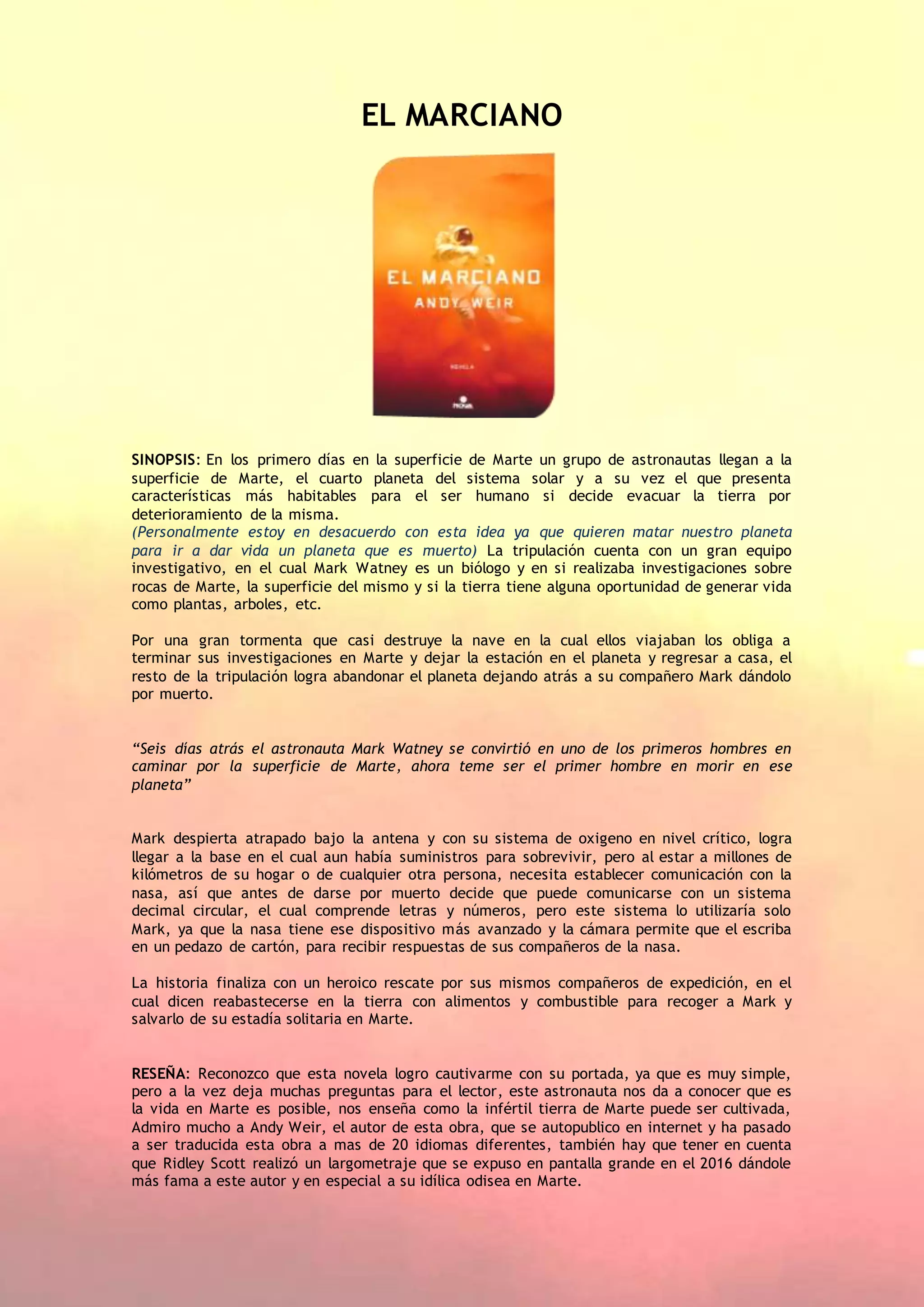 Resumen El Marciano (Película y Libro) | DOCX
