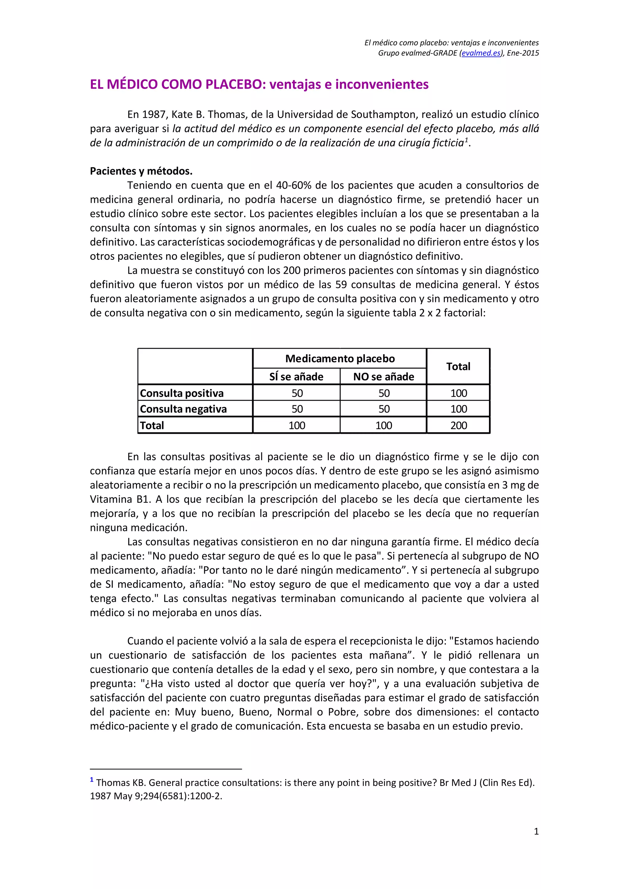 El médico como placebo. ventajas e inconvenientes | PDF