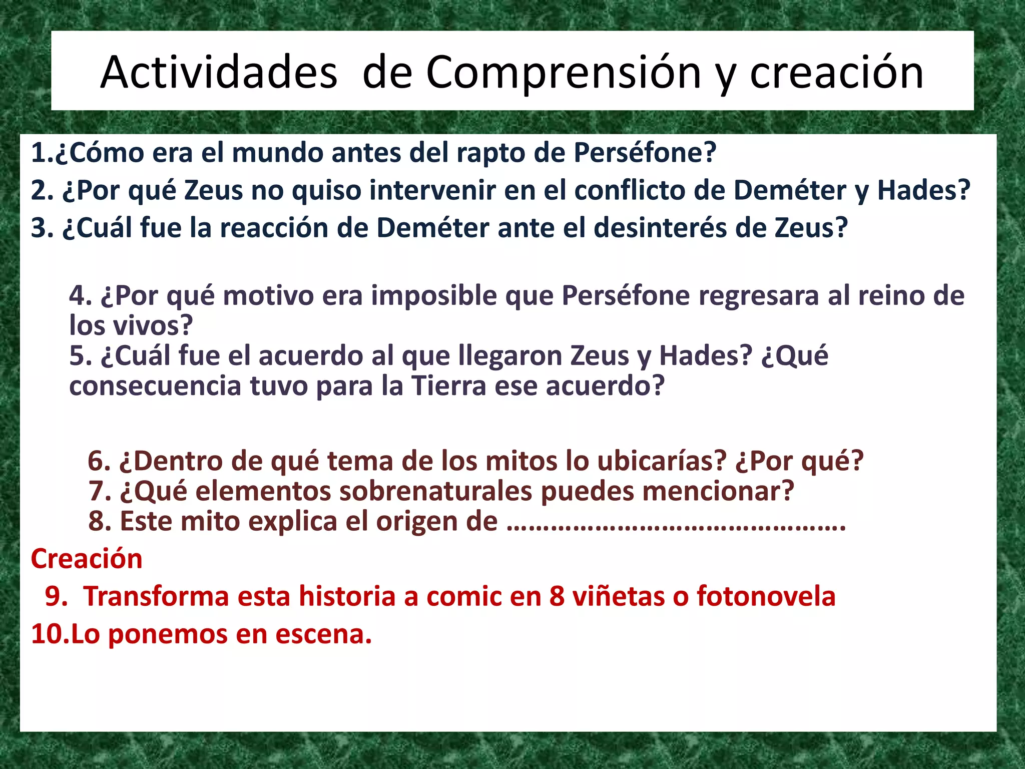 El mito de Perséfone.Mito que explica las estaciones | PPT