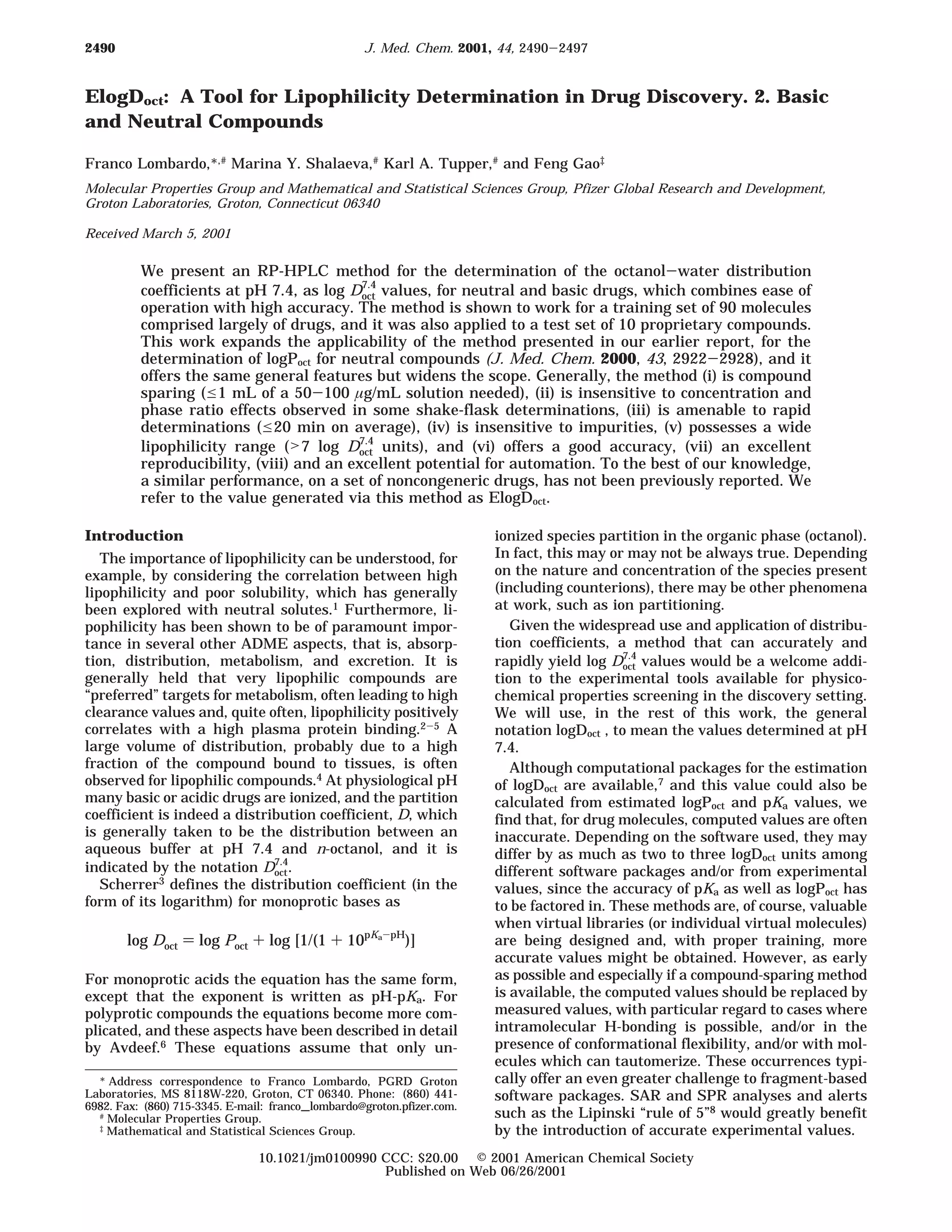 ElogDoct: A Tool for Lipophilicity Determination in Drug Discovery. 2 ...
