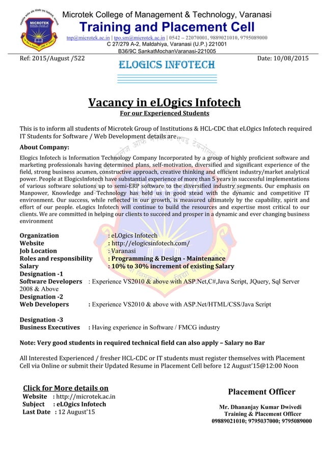 E l ogics infotec vacancy | PDF