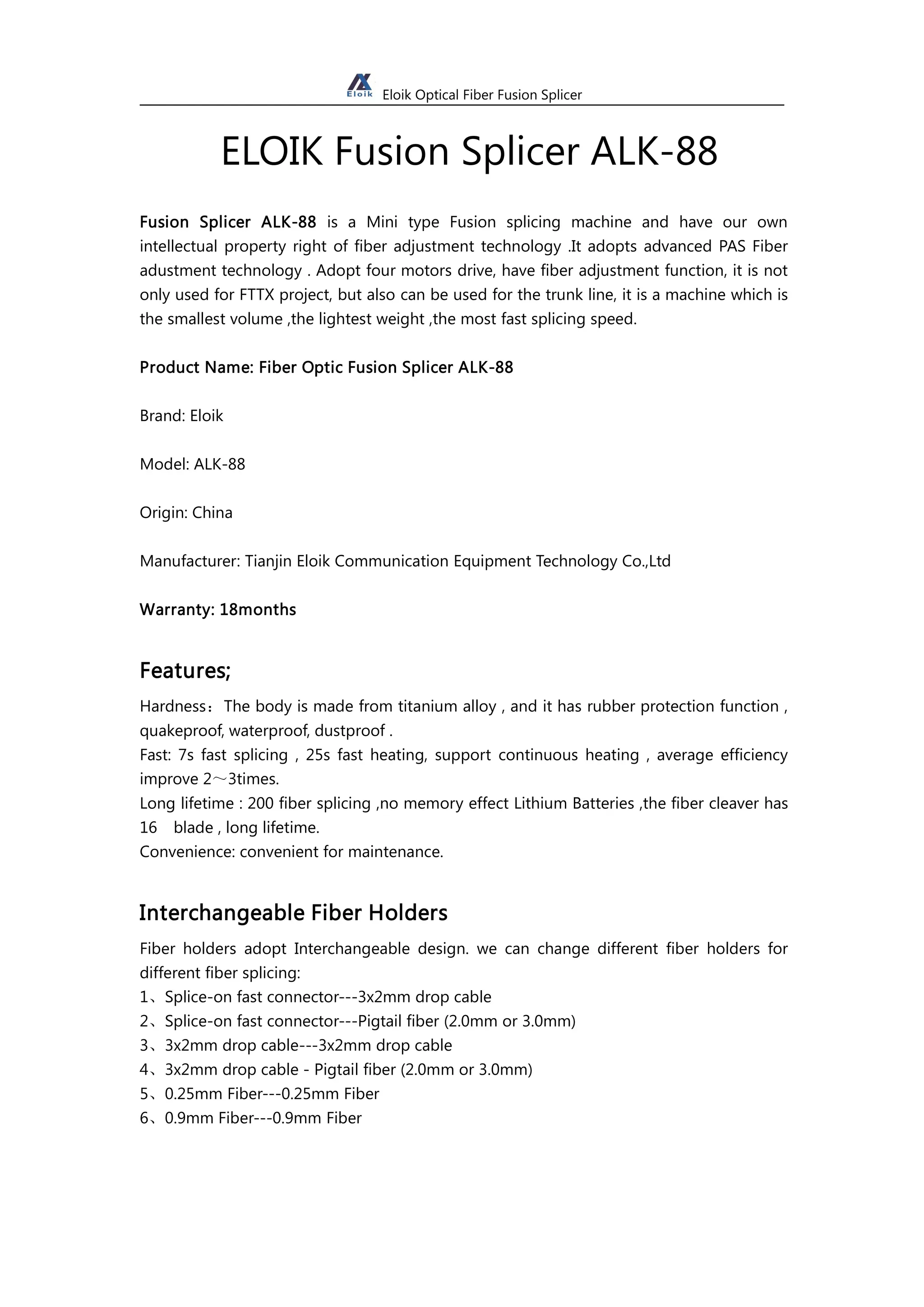 Eloik fiber optic fusion splicer alk 88doc | PDF