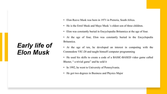 About Entrepreneur ELON MUSK .pptx... | PPTX | Business | Business and ...