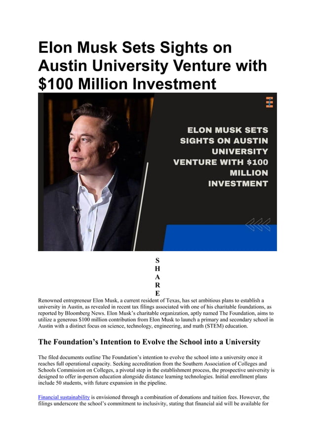 $100 Million Investment Of Elon Musk on Austin University Venture ...