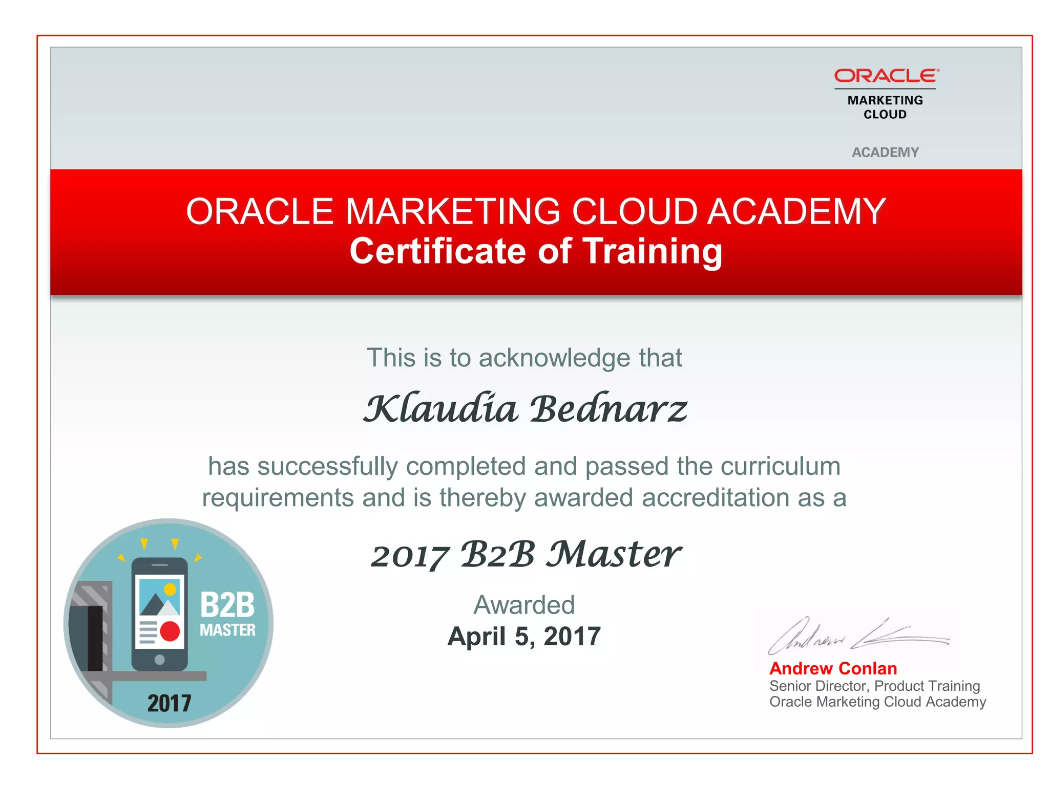 Oracle Marketing Cloud Academy 2017 B2B Master Certificate | PPT