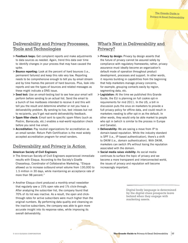 Eloqua Grande Guide to Deliverability and Privacy | PDF
