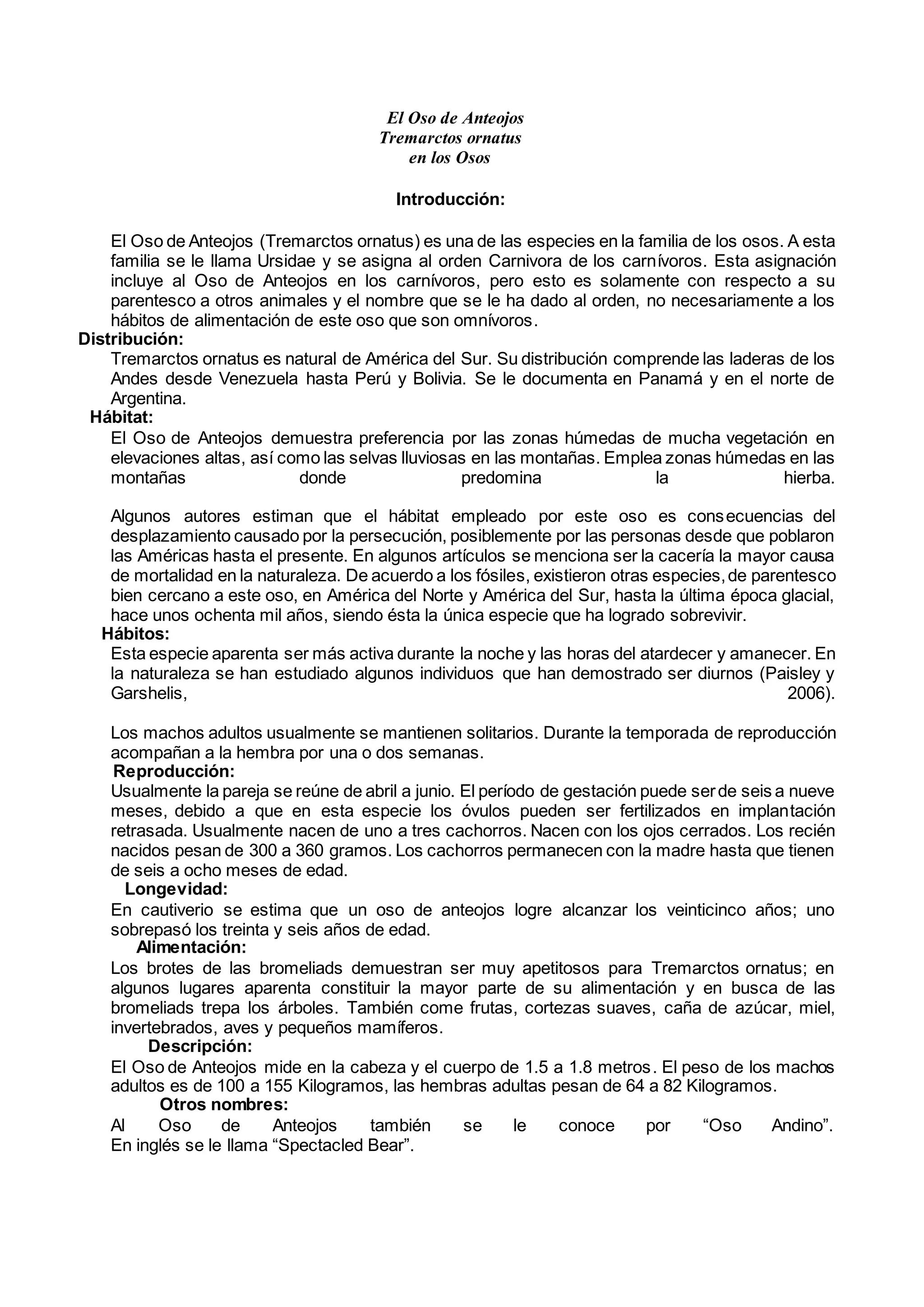 El oso de anteojos | DOCX