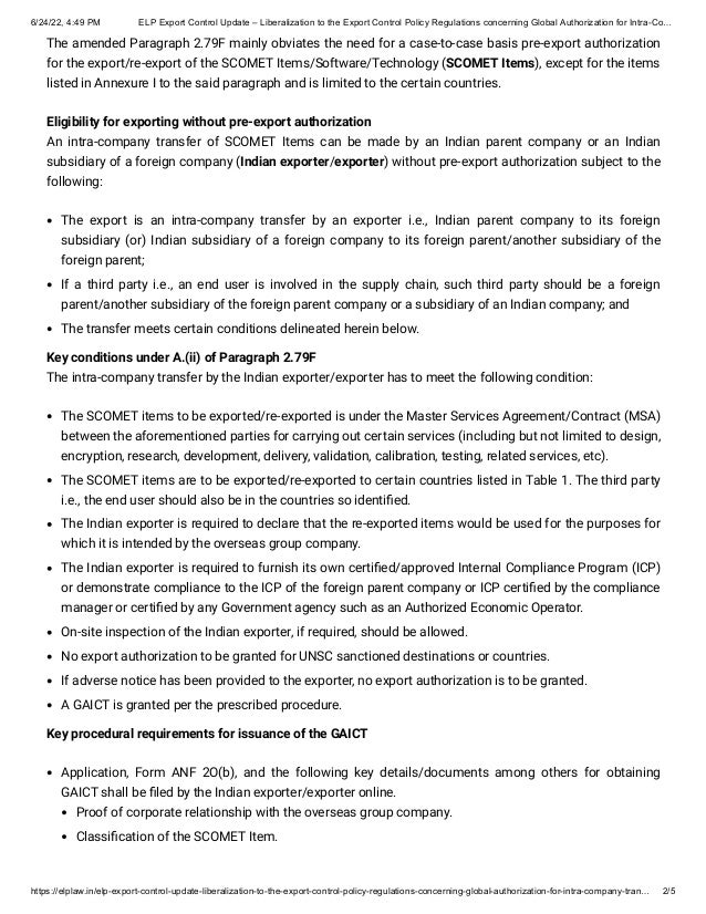 ELP Export Control Update – Liberalization to the Export Control Policy ...
