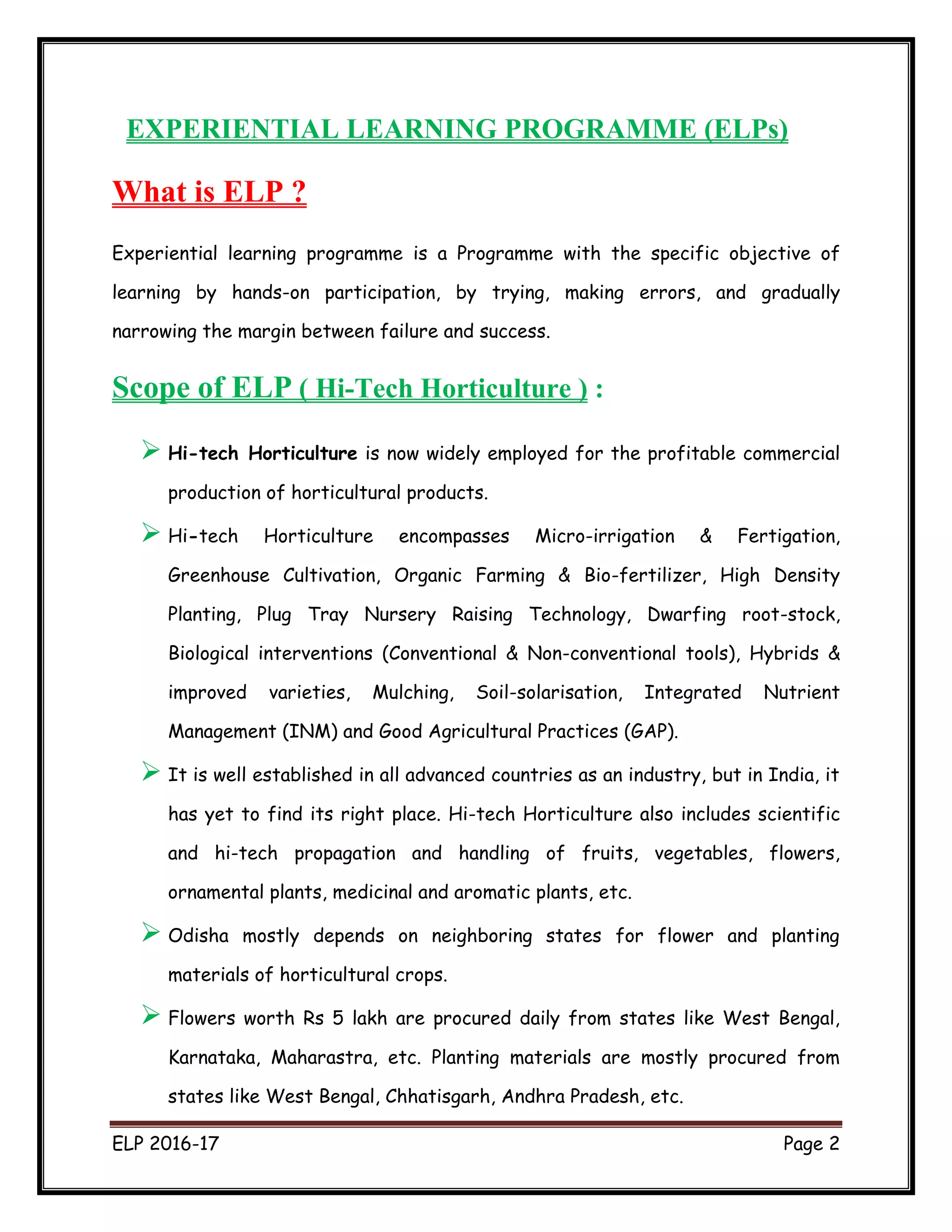 Experiential Learning Programme on Applied Hi-Tech Horticulture | PDF