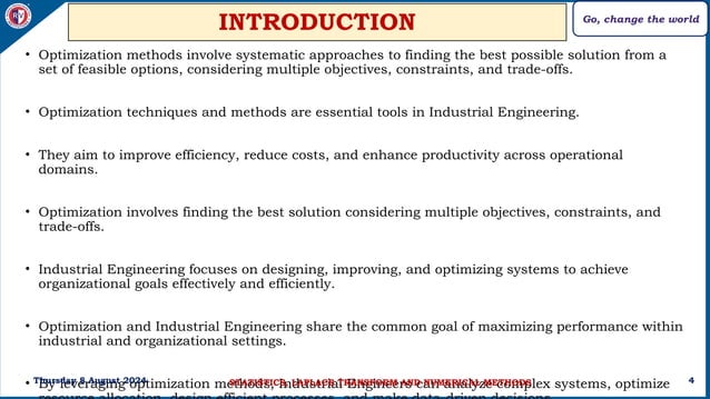 optimisation methods techniques industrial | PPTX