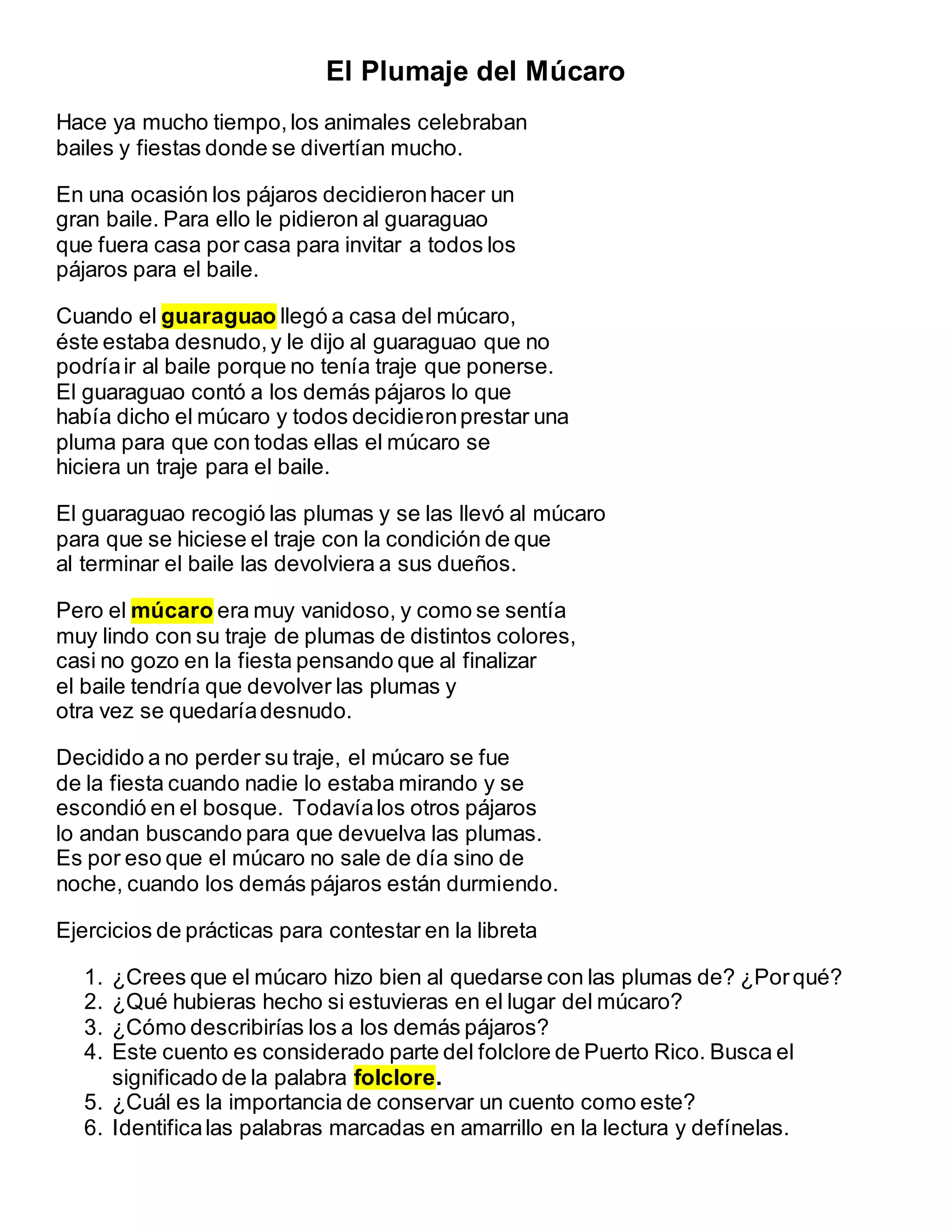 El plumaje del múcaro | DOCX