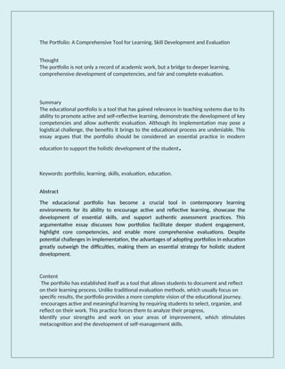 The Portfolio: A Comprehensive Tool for Learning, Skill Development and ...