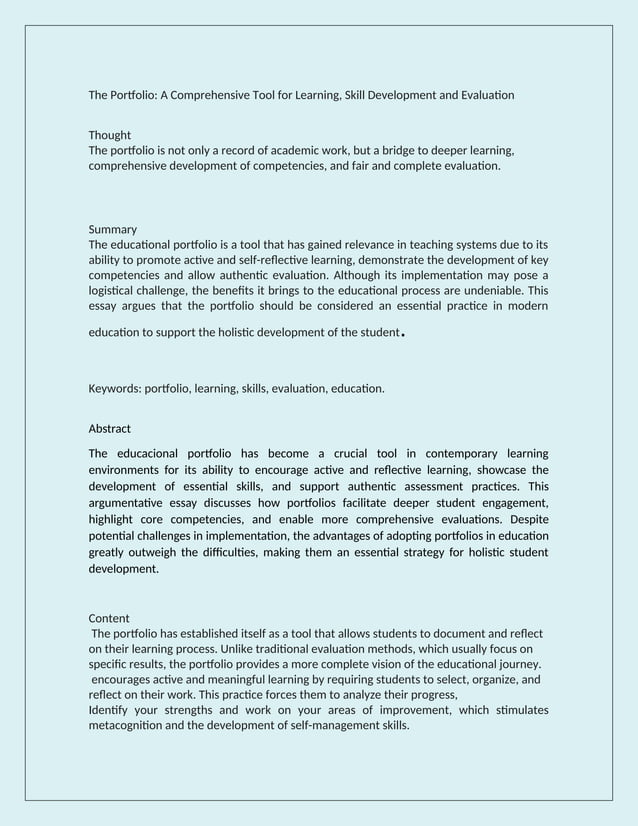 The Portfolio: A Comprehensive Tool for Learning, Skill Development and Evaluation | PDF