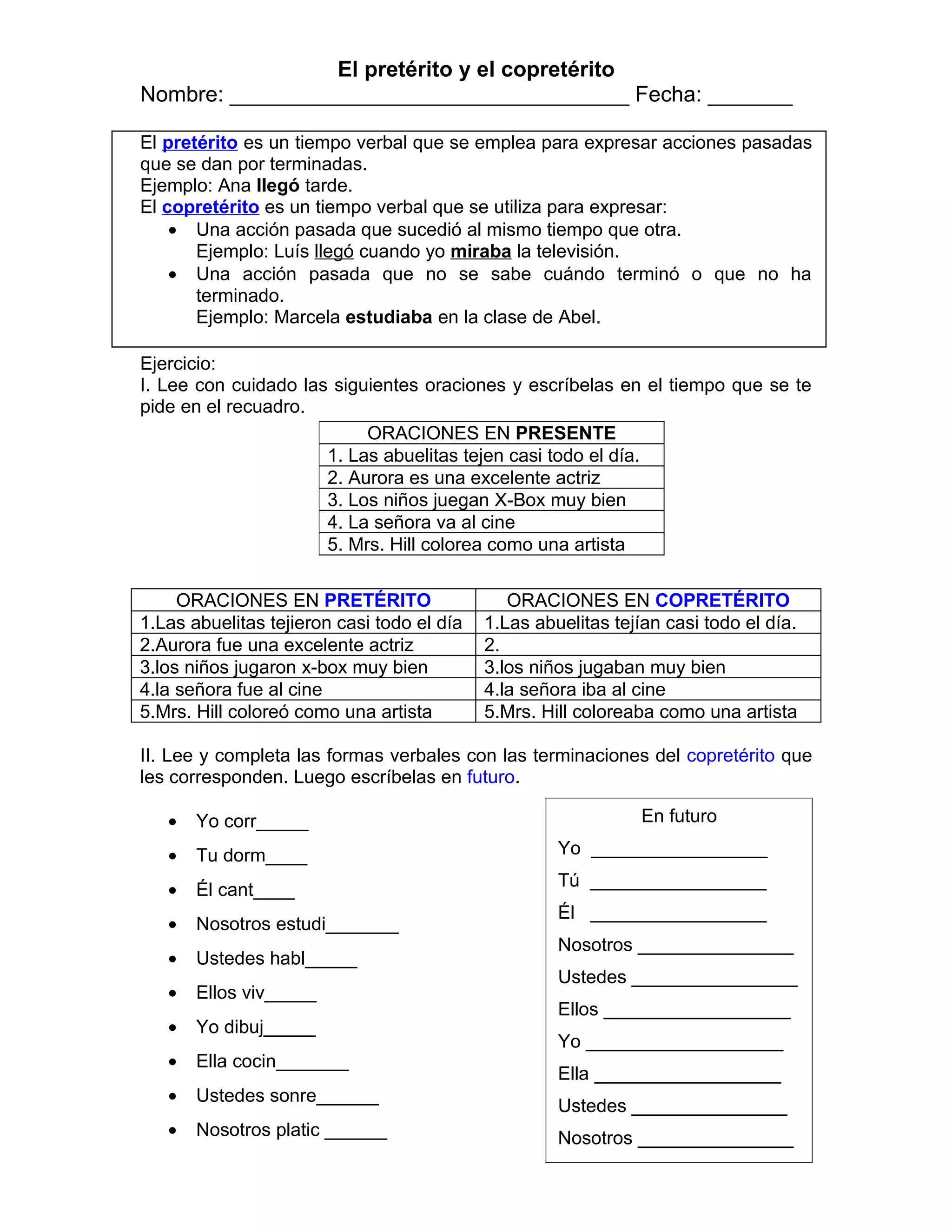 El Pretérito Y El Copretérito | DOC