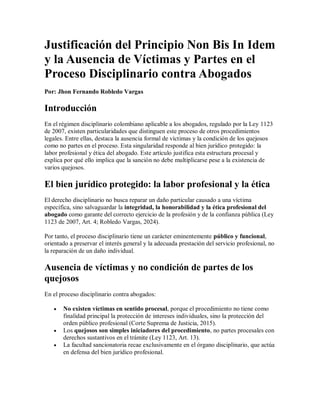 JUSTIFICACIÓN DEL PRINCIPIO NON BIS IN IDEM, LA AUSENCIA DE VÍCTIMAS Y ...