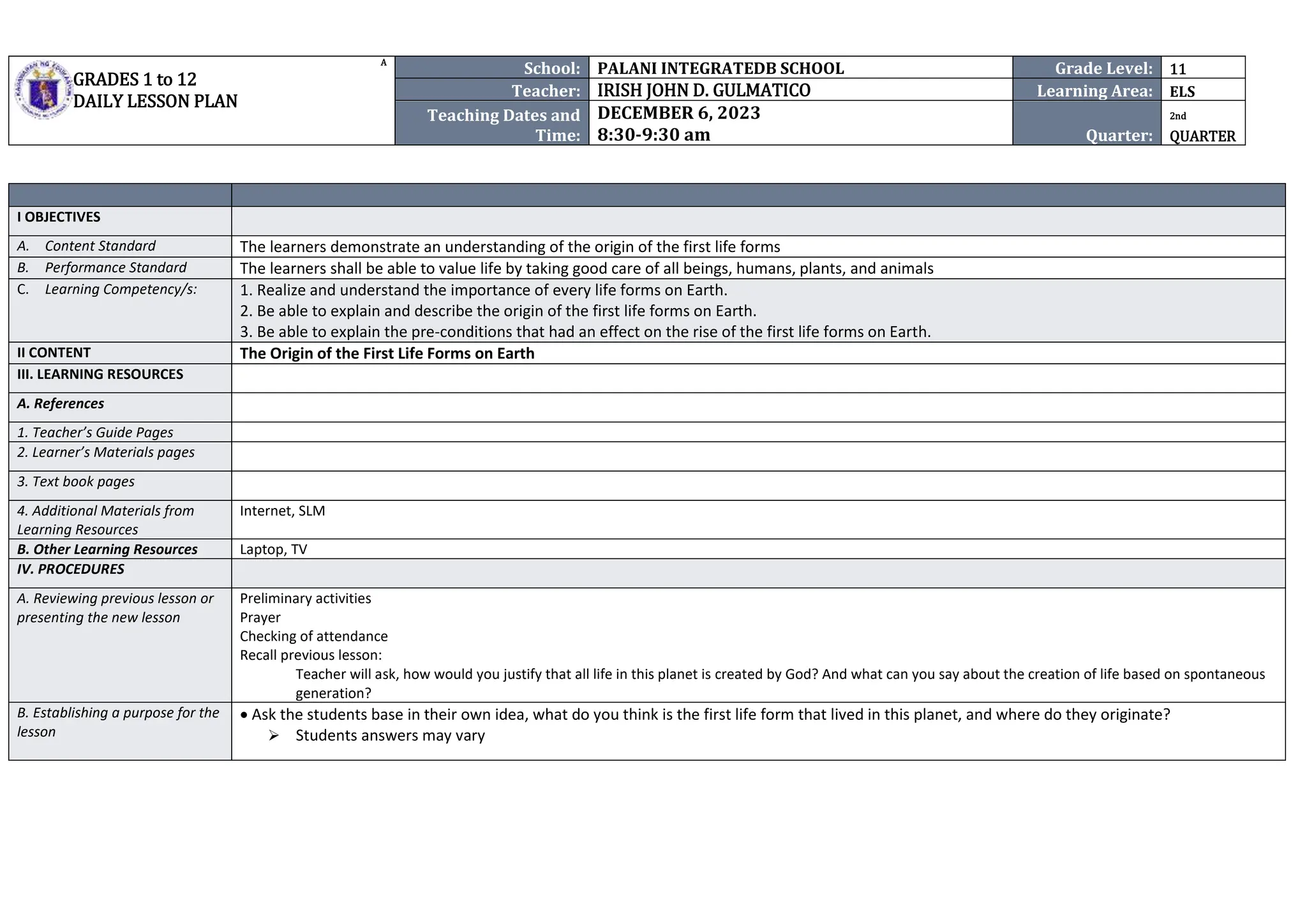 ELS-DLP Q2 -The Origin of the First Life Forms on Earth.docx | Geology ...