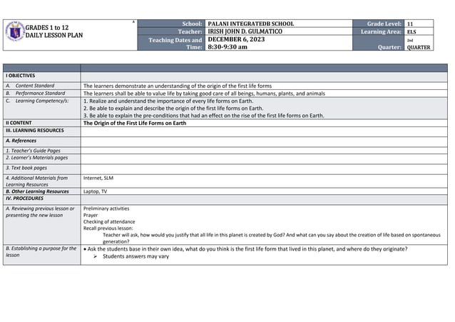 ELS-DLP Q2 -The Origin of the First Life Forms on Earth.docx | Geology ...